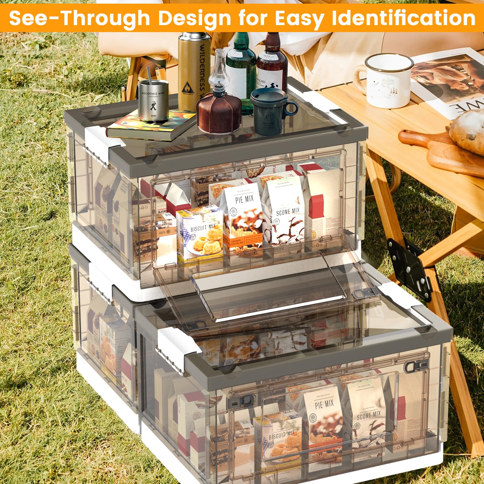 sugitek 4P 50QT Foldable Stackable Storage Bins with Lids - Clear Plastic Storage Box with Wheels for Closet Organizer, Secure Latching Buckles, Ideal for Home Office Garage Organization