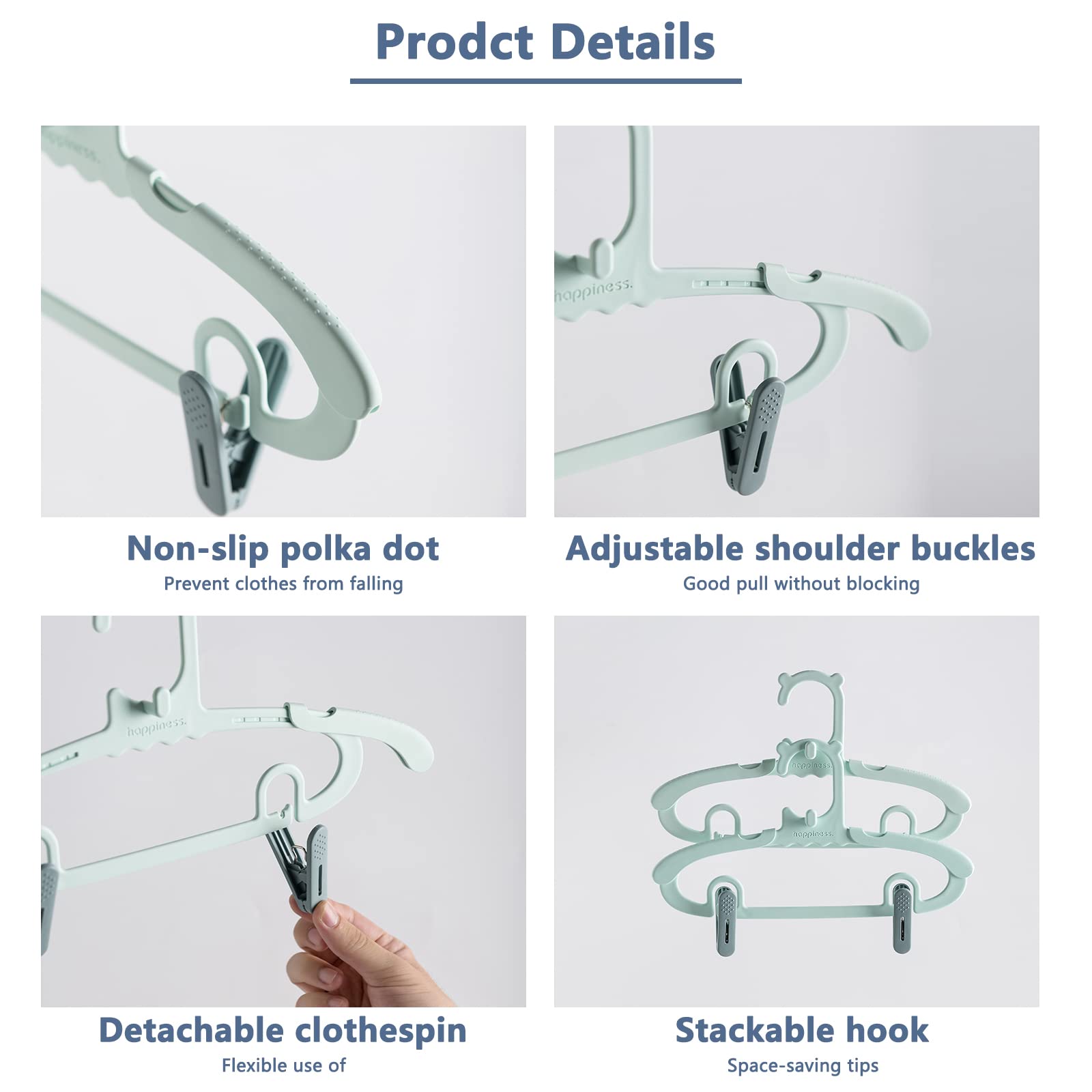 Truelux 10 Pack Baby Hangers for Nursery Closet with 10 Multiple Clips(Blue),Non-Slip Extendable Kids Hangers for Infant Toddler,Space Saving Plastic Childrens Clothes Hangers for Boy Girl