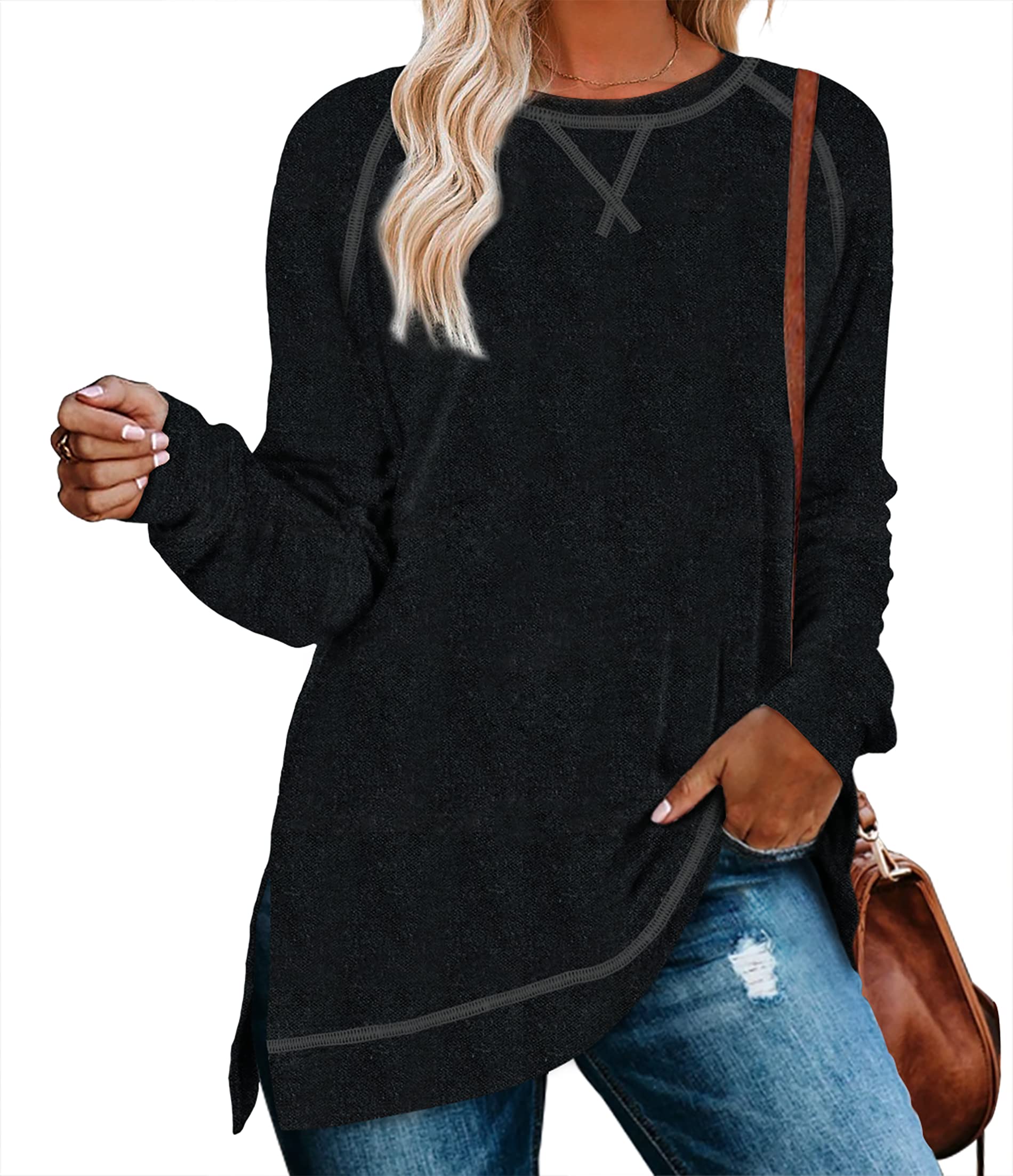 Aokosor Black Sweatshirts for Women 2024 Casual Fall Clothes Long Sleeve Tops Oversized XL
