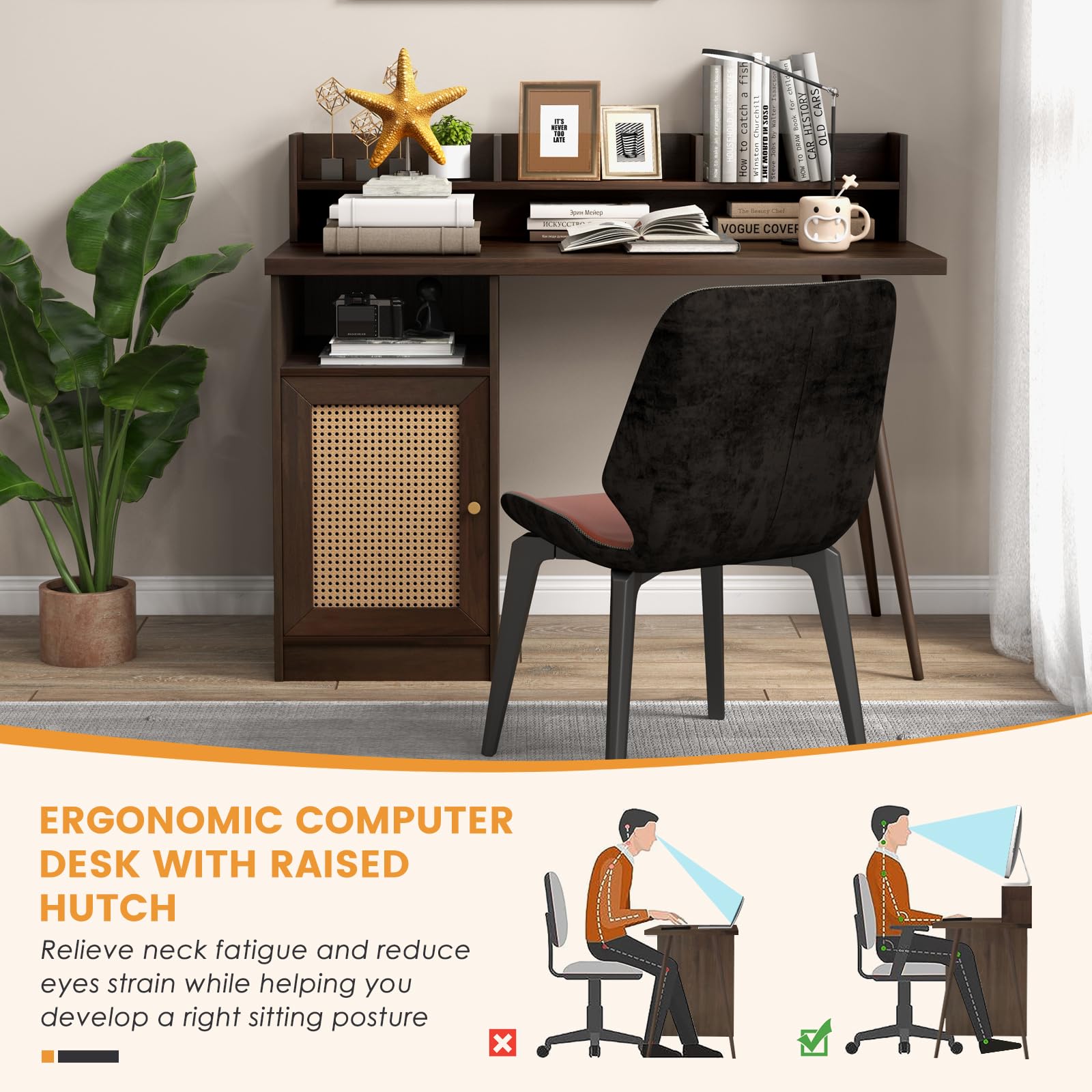 Tangkula Mid Century Desk with Hutch, 48” Writing Study Desk with PE Rattan Storage Cabinet & Shelves, Laptop PC Desk with Rubber Wood Legs, Compact Computer Workstation for Home Office (Brown)