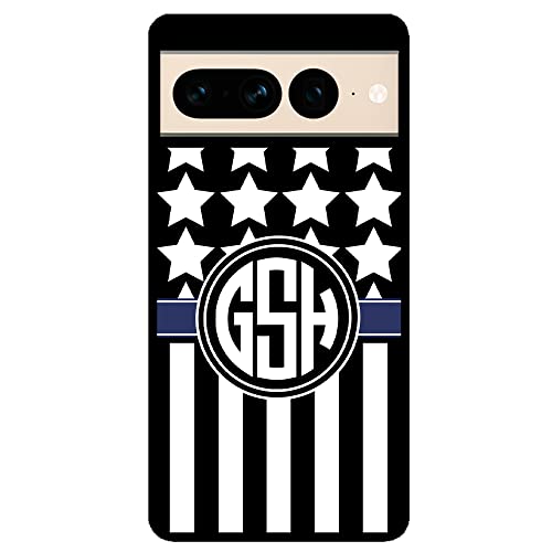 American Flag USA Thin Blue Line Police Monogram Black Rubber Phone Case Compatible With Google Pixel 8 Pro, 8a, 8, 7a, 7, Pixel 7 Pro, 6a, 6 Pro, 6, 5, 4a 5G, 4a 4G, 4, 4 XL, 3a, 3a XL, 3, 3 XL