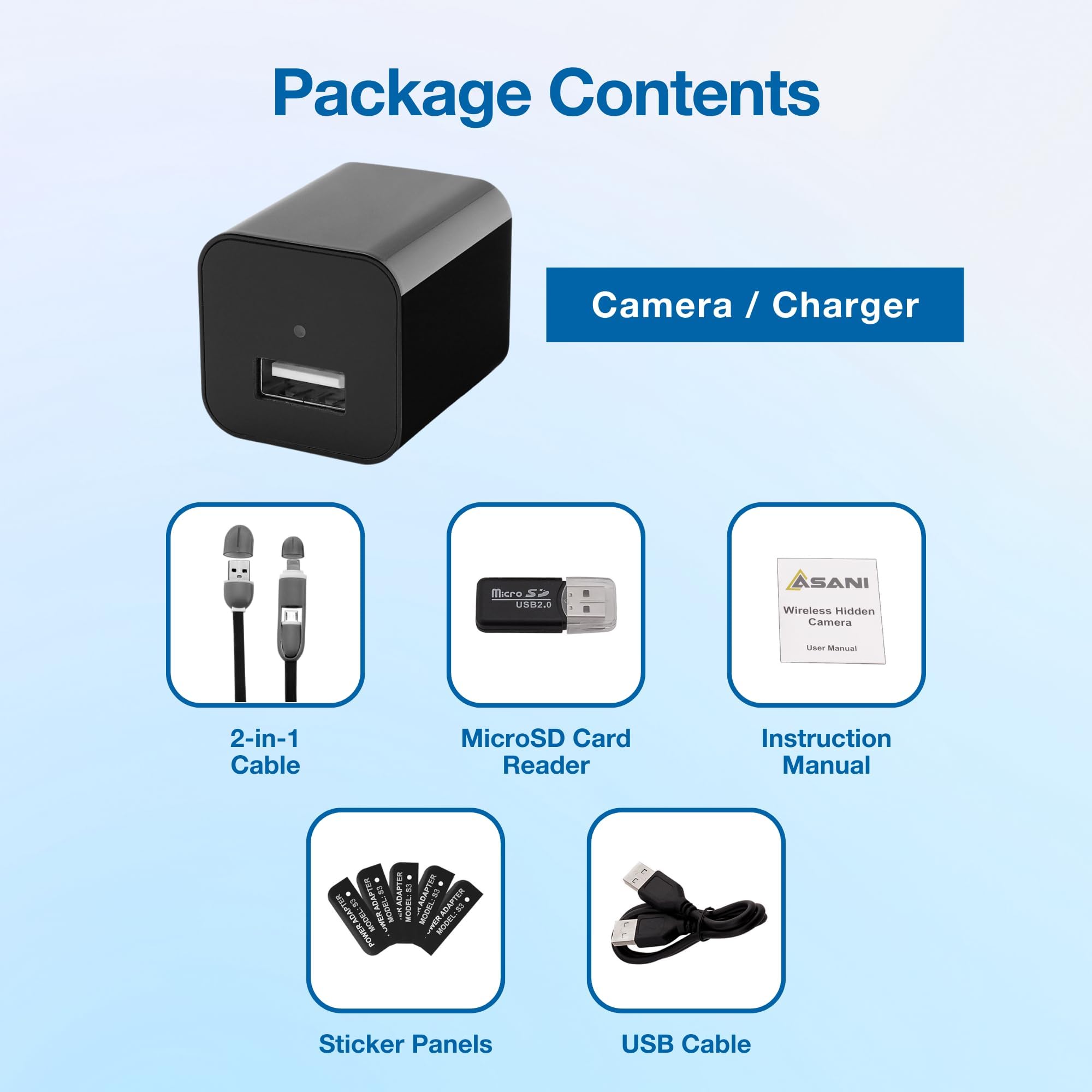 Asani Hidden Spy Camera USB Charger - Home & Office Security Nanny Cam with SD Card Slot, Motion Detection, Full HD Video, Smartphone Connectivity, Ideal for Monitoring Elderly Parents, Pets