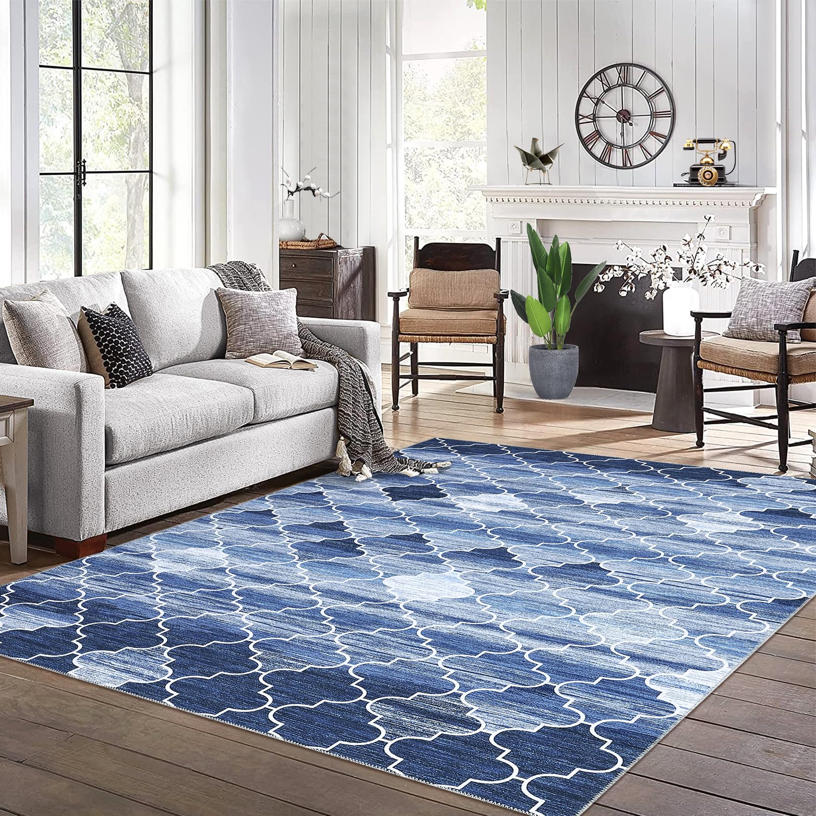 CAROMIO 8x10 Area Rug Machine Washable Rug Modern Moroccan Area Rug Distressed Trellis Accent Rug Stain Resistant Non-Slip Foldable Floor Cover Carpet Rug for Living Room Home Decor, Navy