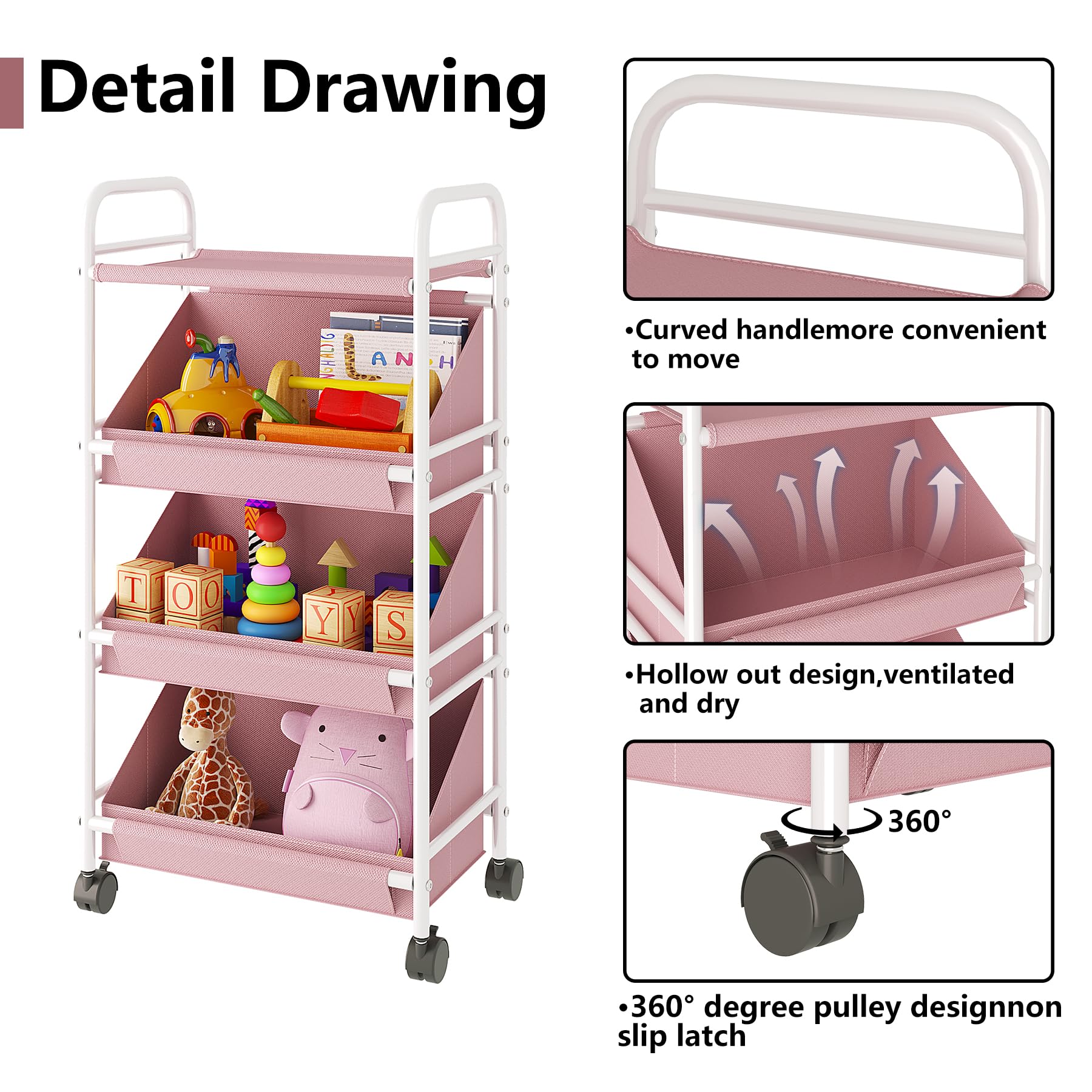 Buzowruil Utility Rolling Fabric Storage Rack Trolley Toy Rack Storage Cart Trolley with 3 Large Storage Boxes，Wheels, Suitable for Bedroom, Living Room, Entryway, Pink