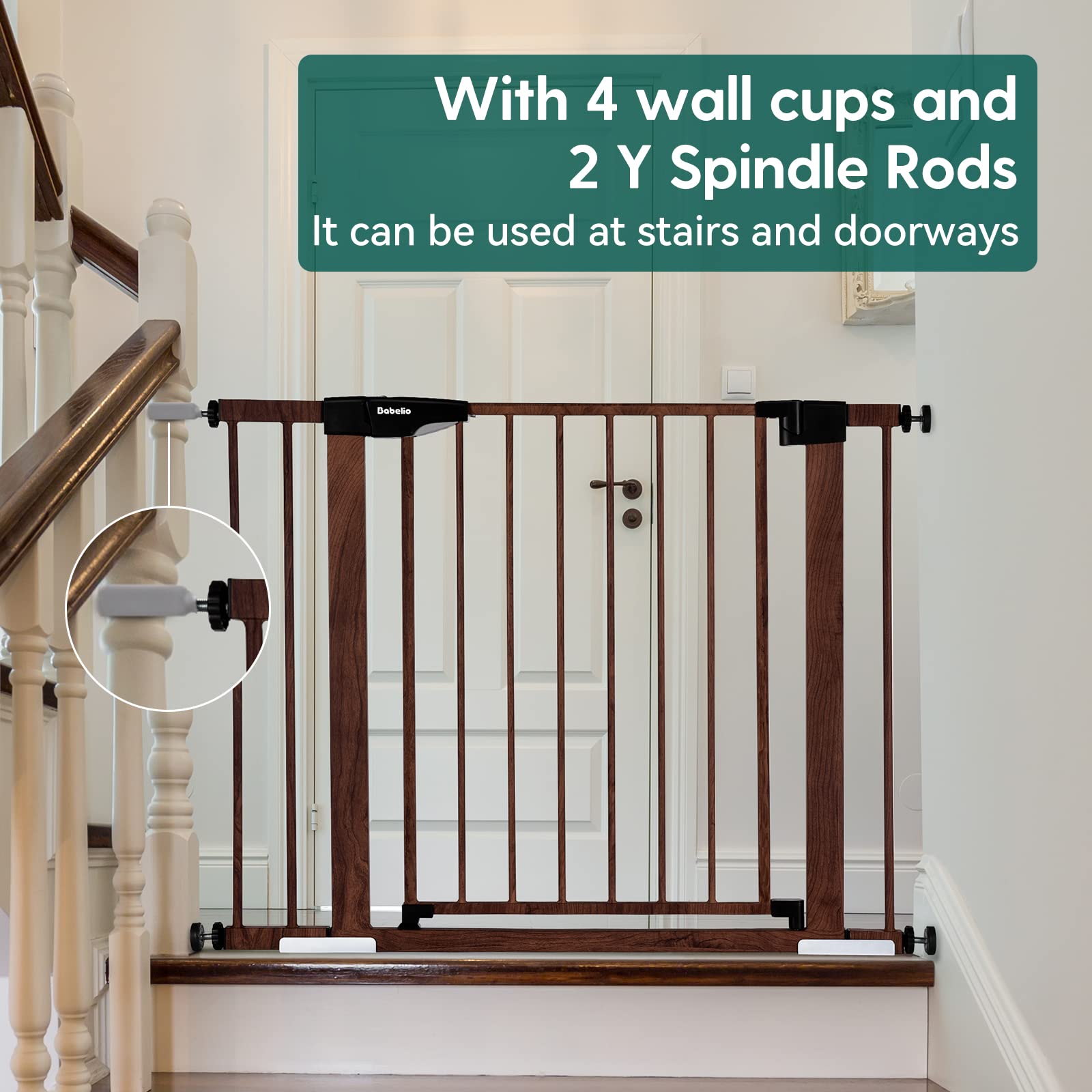 BABELIO 29-46 Inch Pressure Mounted Metal Baby Gate with Vintage Dark Brown Wood Pattern, Easy Install, No Drilling, No Tools Required, with Wall Protectors and Extenders