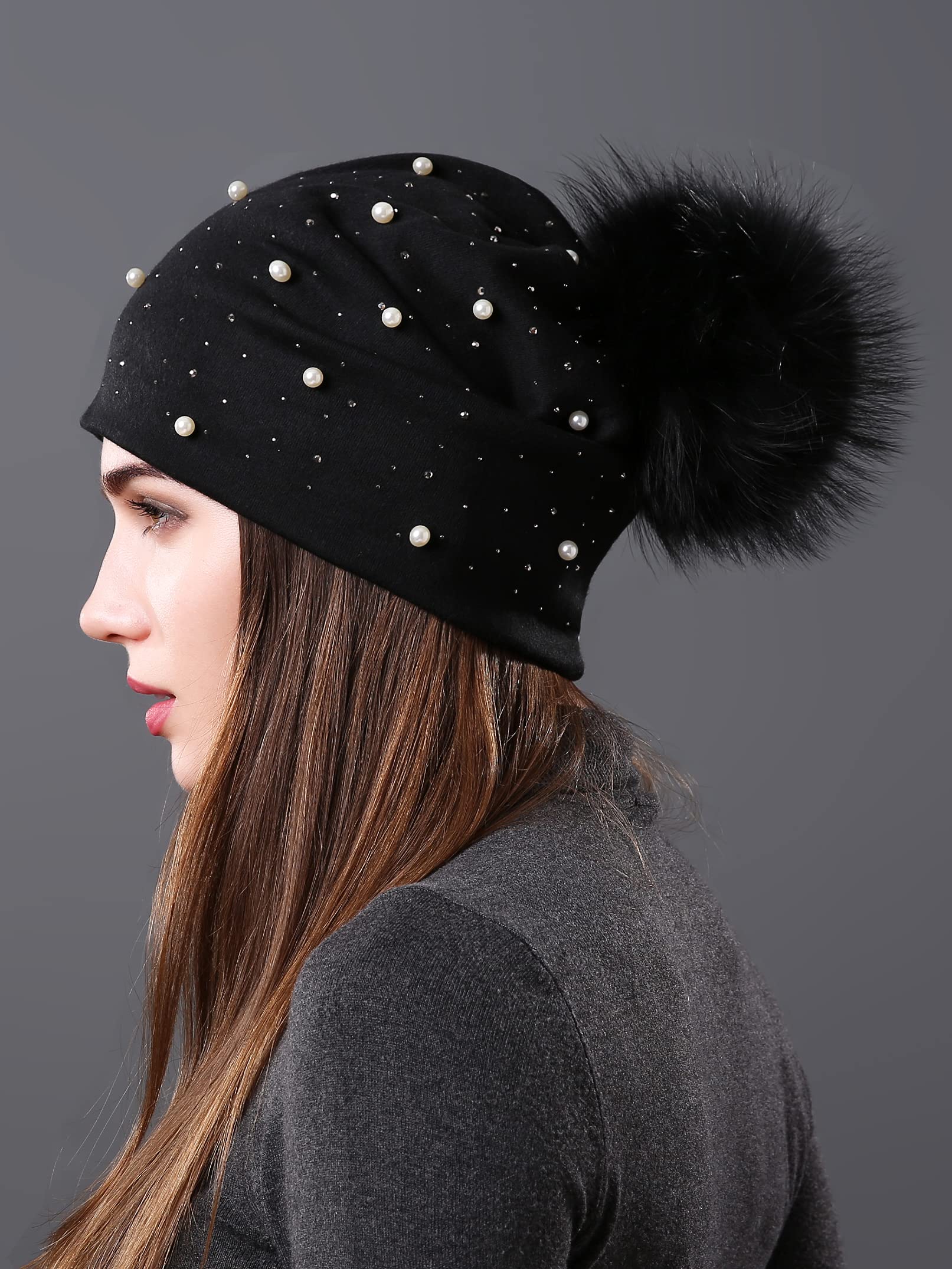 AICHUAN Womens Slouchy Beanie Hat with Real Raccoon Fur Ball Pompom Cotton Pearls Winter Fall Hat