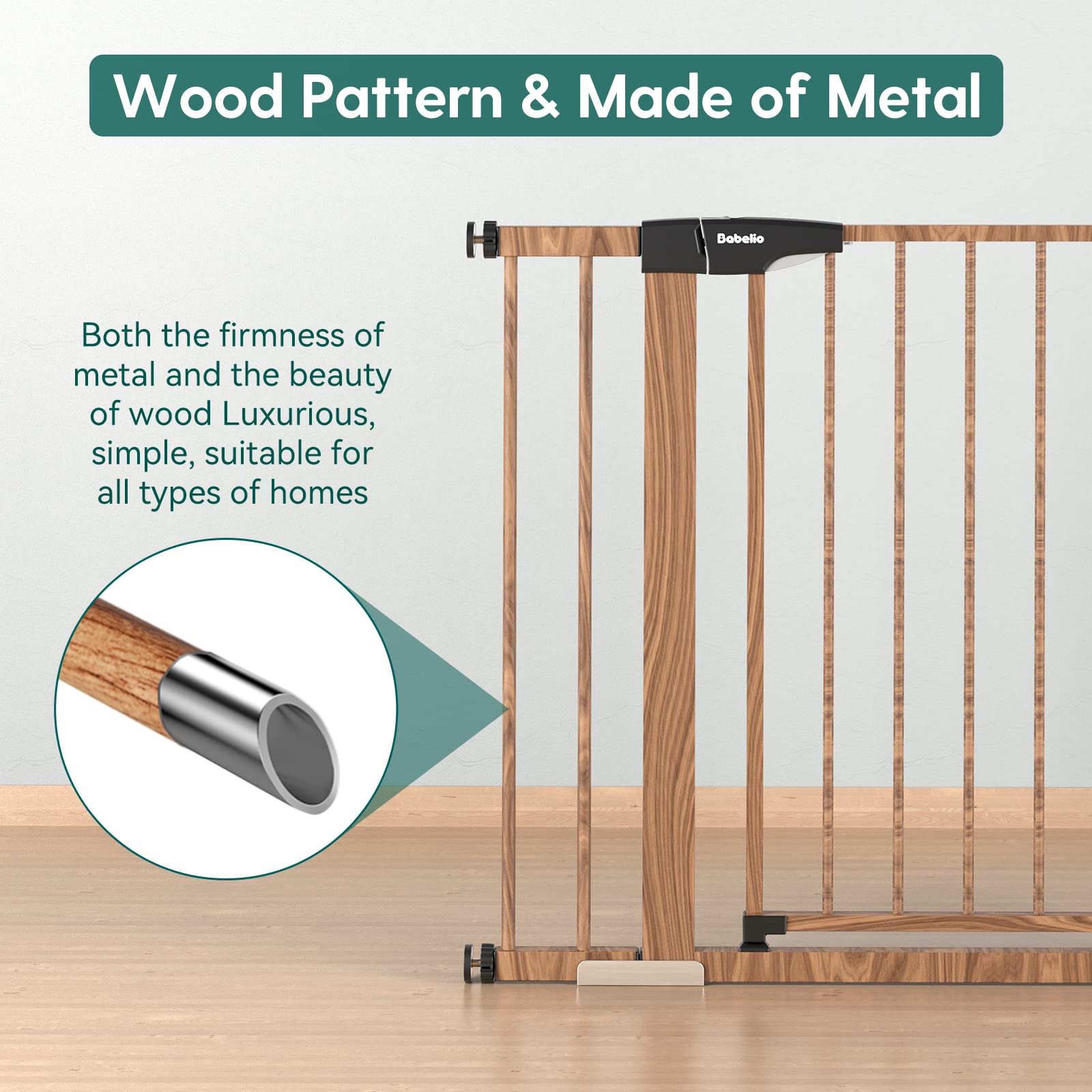 BABELIO 29-53.5 Inch Extra Wide Metal Baby Gate with Wood Pattern,Pressure Mounted, Easy Install, No Drilling, No Tools Required, with Wall Protectors and Extenders