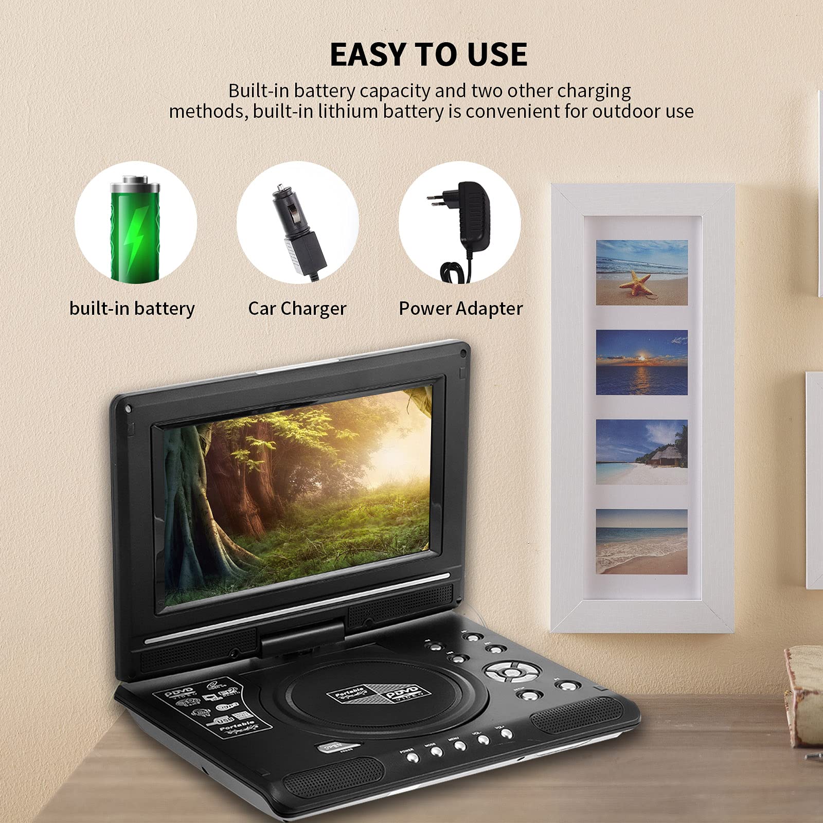 9.8'' Portable DVD Player with SD Card/USB Port, Mobile DVD Player with 270 Degree Swivel Screen, High Definition CD Video Player for Kids, Support AV-in/Out