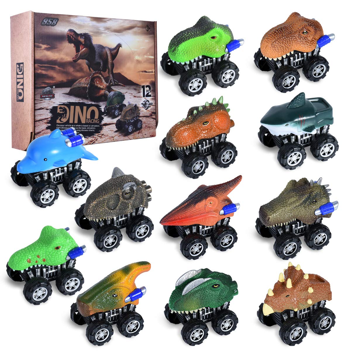 Dinosaur Pull Back Cars for Kids 12 Pack, Dino Toy Cars Creative Gifts for Toddlers, Birthday Party Toys for 6-8 Boys and Girl (12PCS-1)