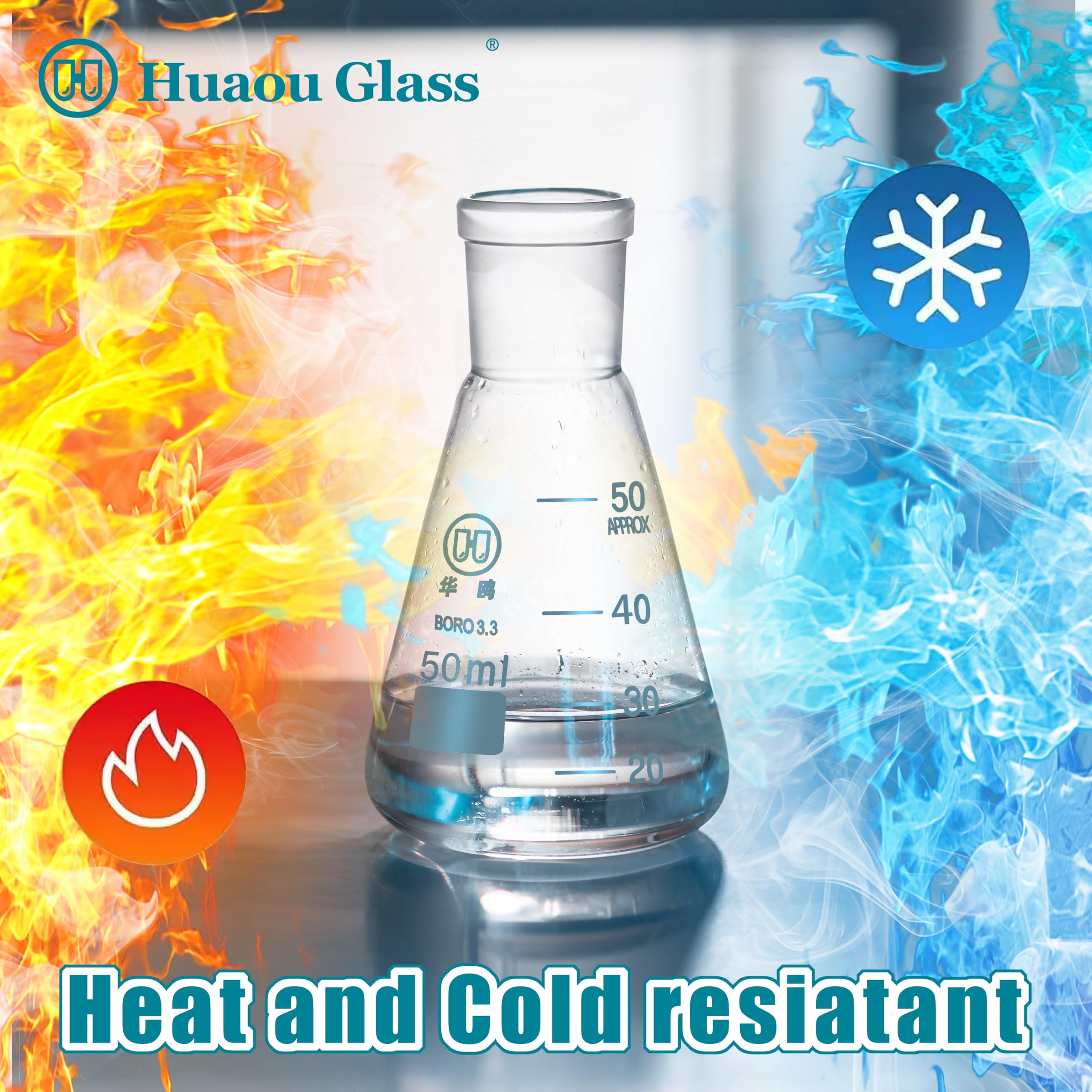 HUAOU Scientific 150ml Erlenmeyer Conical Flasks Set with Ground Glass Stoppers, Graduated 3.3 Borosilicate Glass, Pack of 3