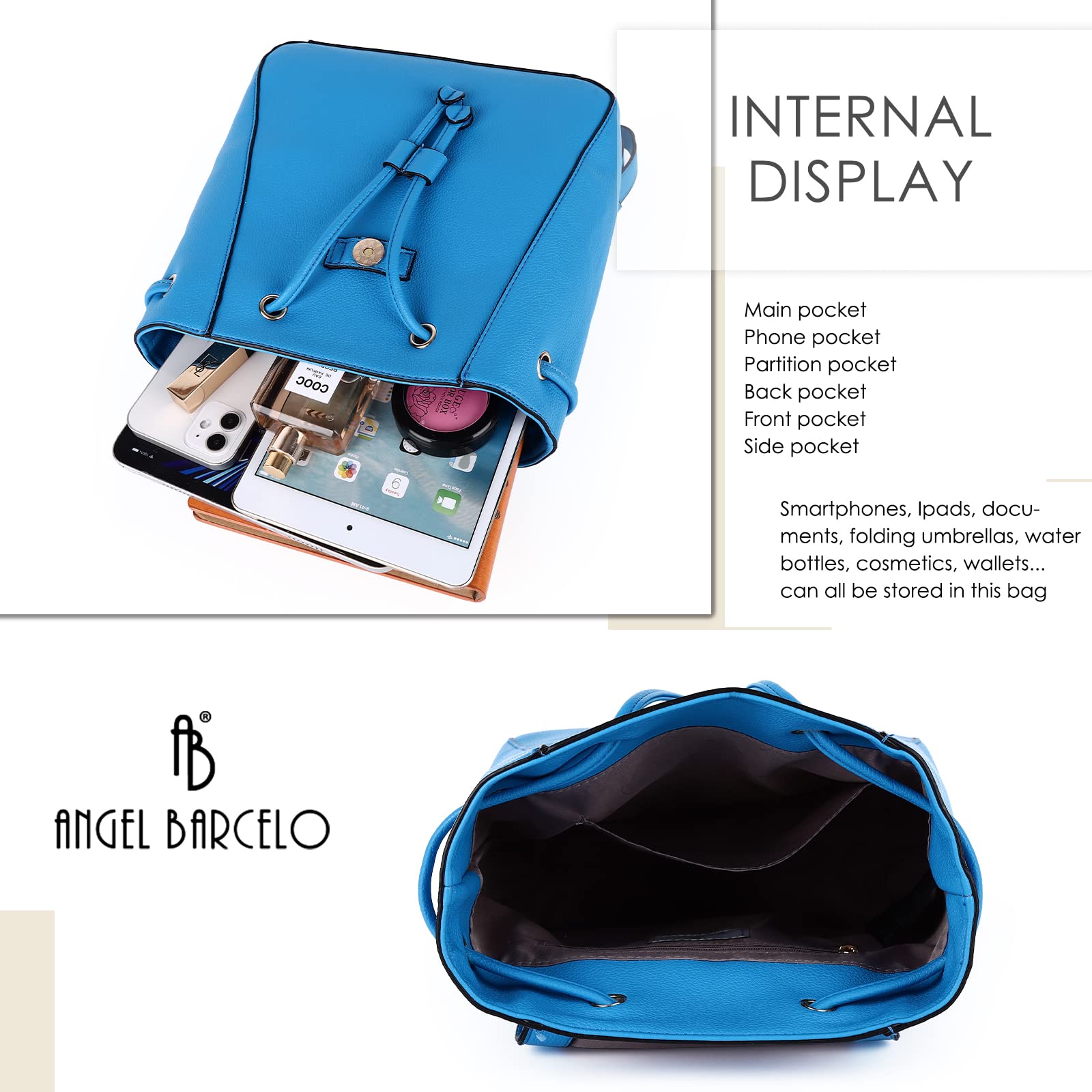 Angel Barcelo Backpack Purse for Women Fashion Backpack Purses PU Leather Daypacks Shoulder Bag Satchel Purse Blue