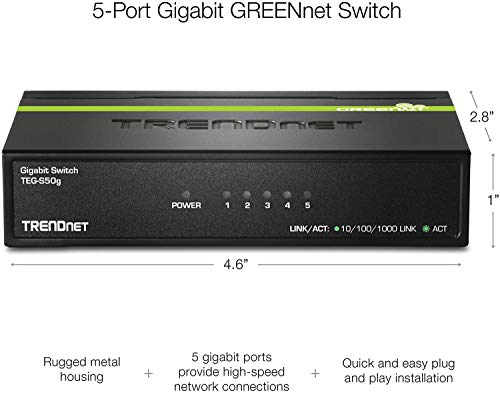 TRENDnet 5-Port Mini Gigabit Switch, TEG-S50g, GREENnet Technology, NDAA + TAA Compliant, Desktop Metal Ethernet Network Switch, 5 x Gigabit Ports, Fanless, Lifetime Protection, Black