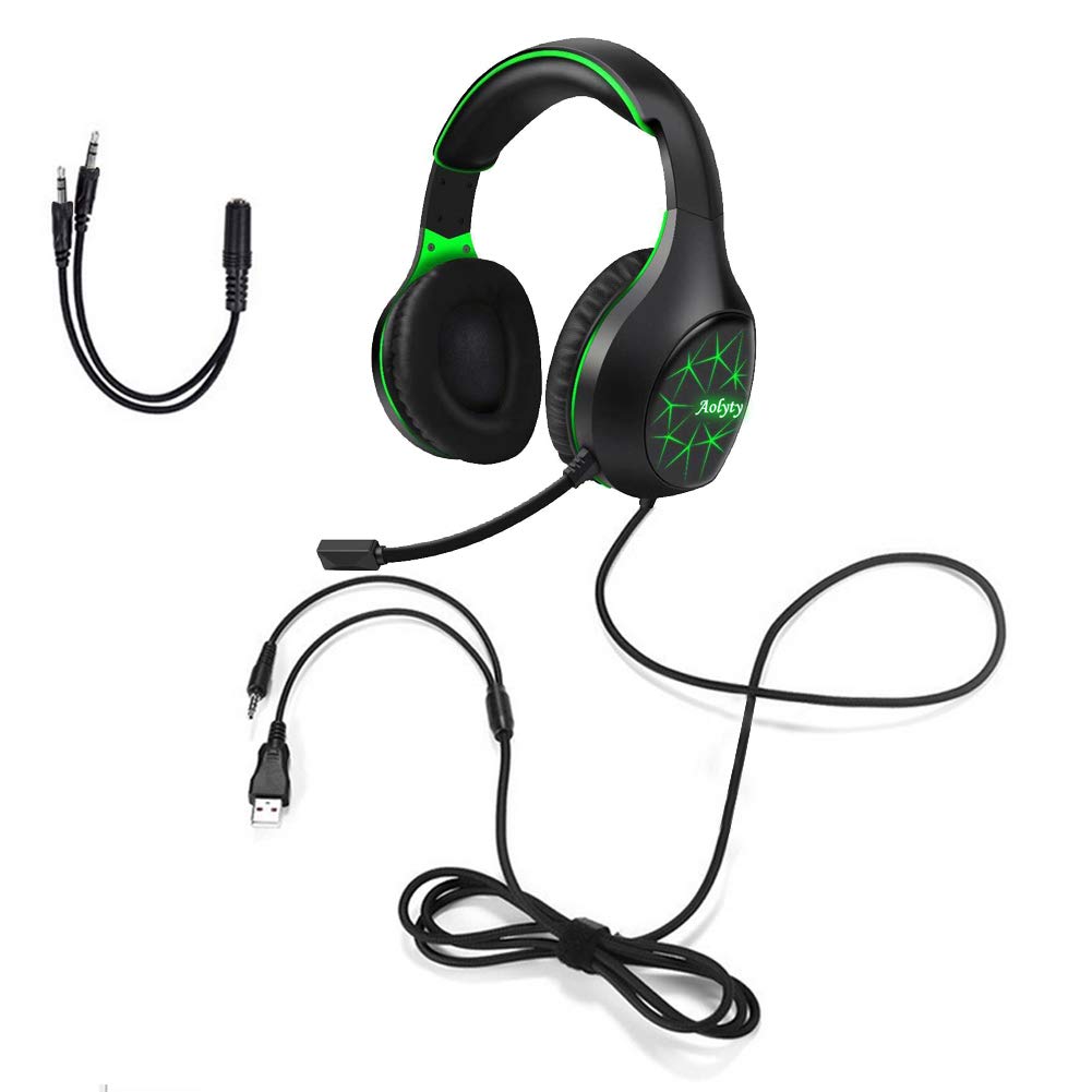 Aolyty Pro Gaming Headset 7.1 Stereo Surround with LED Light Mic Noise Cancelling Over Ear Headphones Compatible with Computer Laptop Phone Tablet,PS5 PS4 (Green)