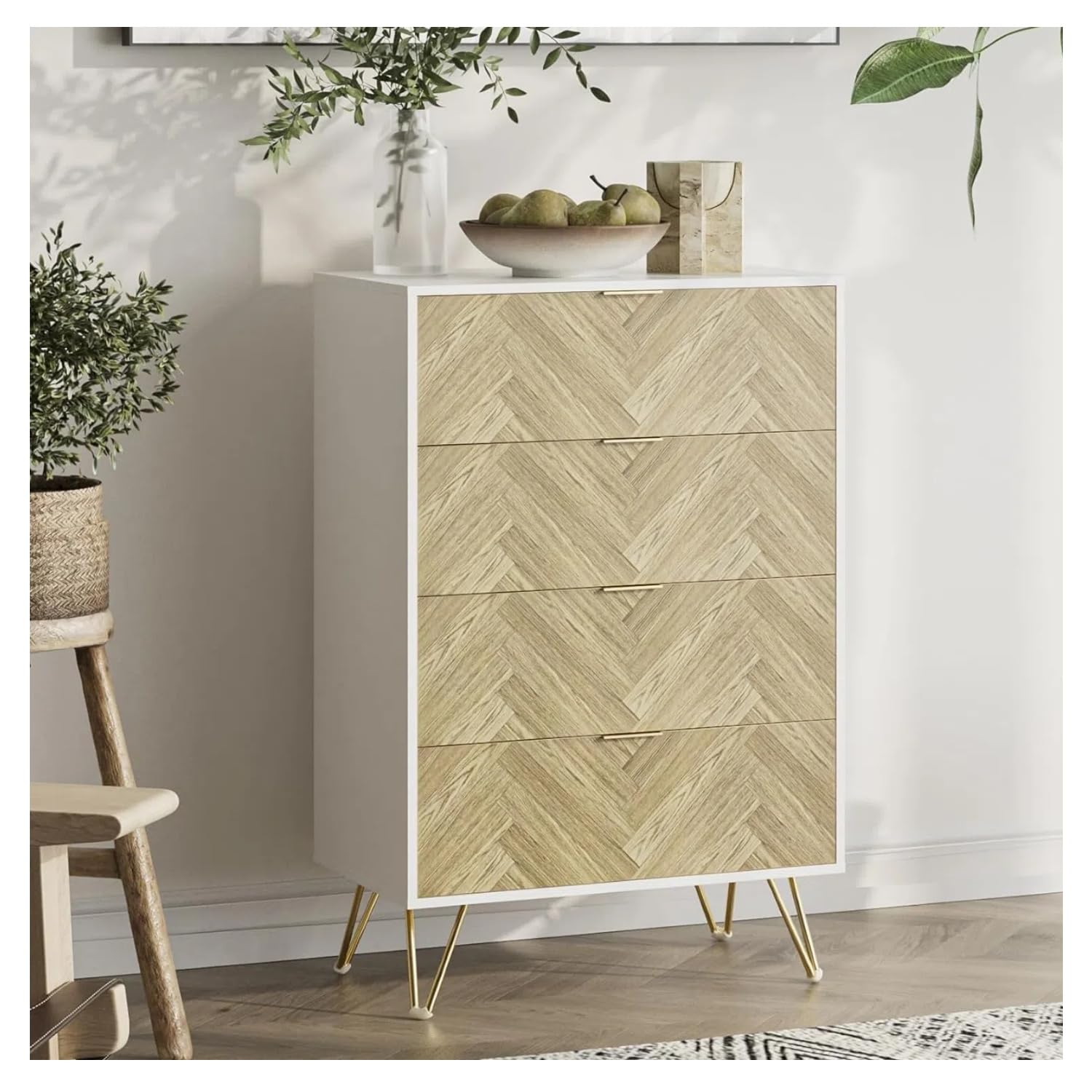Masupu 4 Drawer Dresser, Drawer Chest, Tall Storage Dresser Chest Cabinet Organizer Unit with Gold Metal Hands and Legs, White Dresser, Small Dresser for Bedroom, Living Room, Closet, Hallway