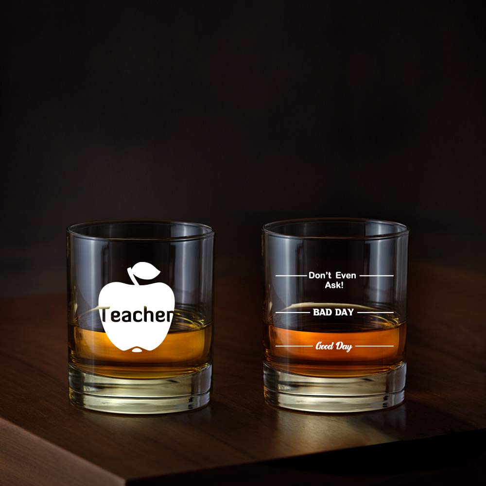 AGMdesign, Funny Double sided Good Day Bad Day Don't Even Ask Teacher Whiskey Glasses Gift for Teacher's, educator, teaching team