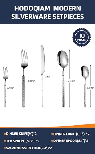 HODOQIAM 10-Piece Silverware Set, Stainless Steel Flatware Set for 2, Modern Hammered Utensil Tableware Set Include Dinner Knife/Fork/Spoon, Mirror Finish, Dishwasher Safe (10, silver)
