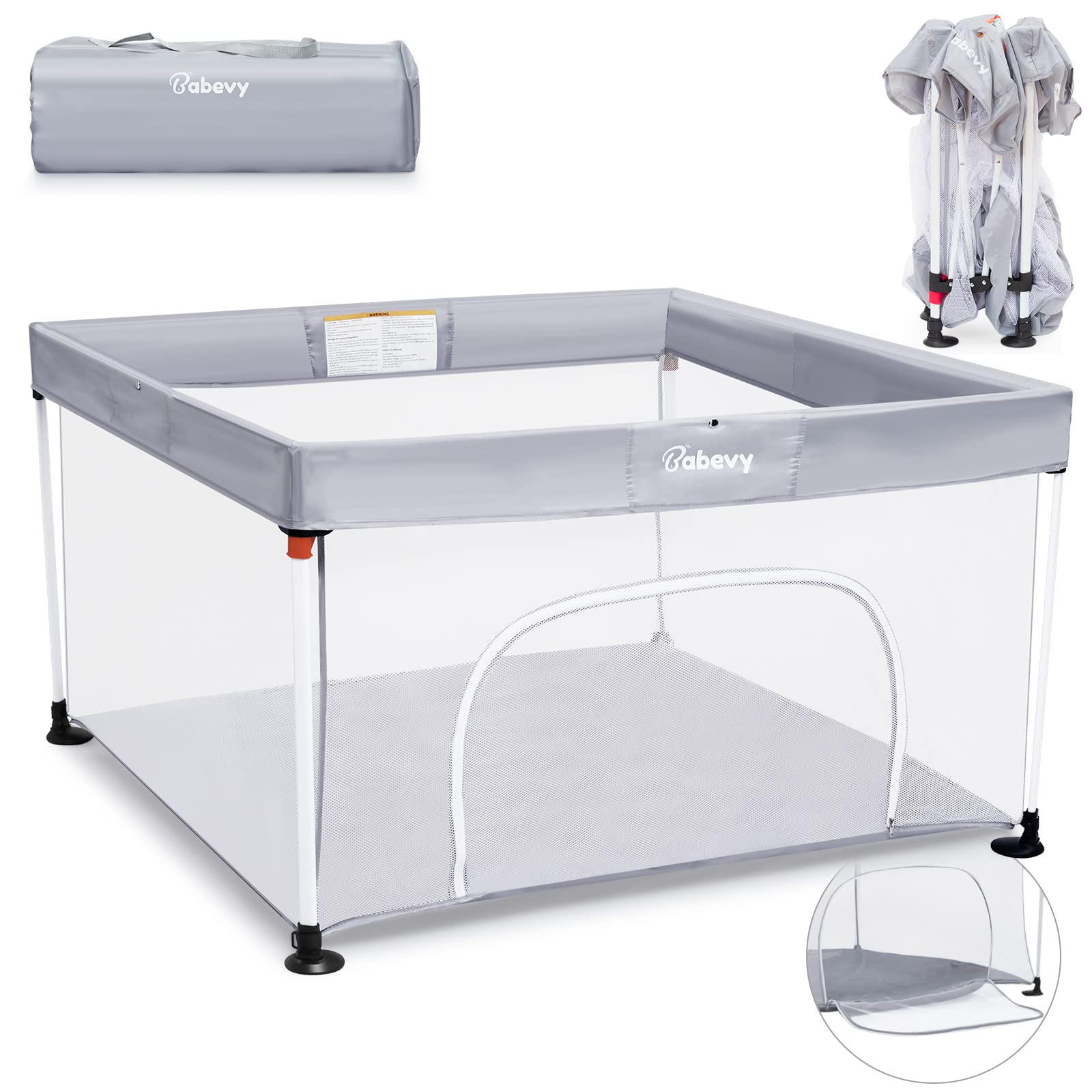 Babevy Foldable Baby Playpen Portable Baby Fence Play Yard for Babies and Toddlers with Gate, Indoor & Outdoor (Grey)