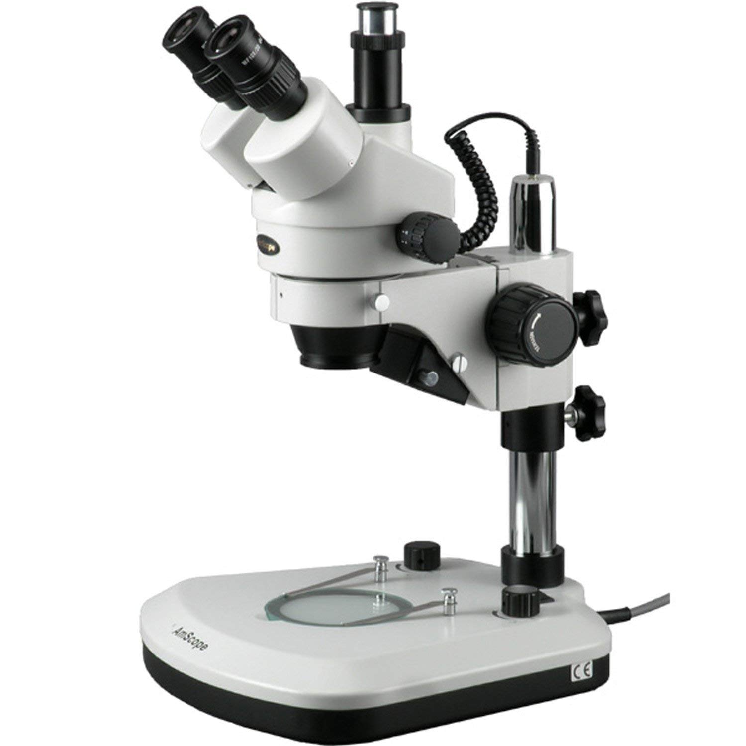 AmScope SM-1TZ-PL Professional Trinocular Stereo Zoom Microscope, WH10x Eyepieces, 3.5X-90X Magnification, 0.7X-4.5X Zoom Objective, Upper and Lower LED Lighting, Large Pillar-Style Table Stand, Includes 0.5X and 2.0X Barlow Lenses