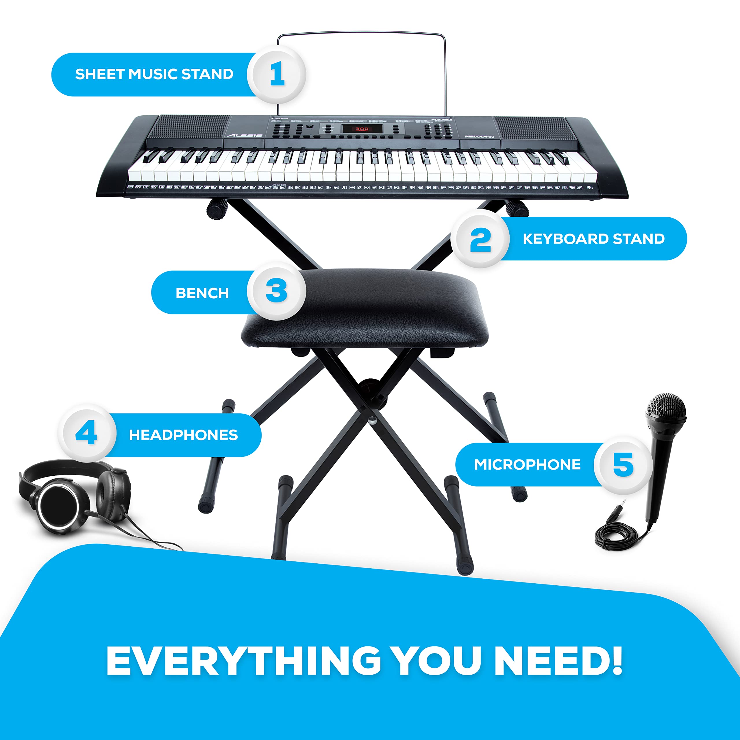 Alesis Melody 61 MKII | 61 Key Portable Keyboard with Built In Speakers, Headphones, Microphone, Piano Stand, Music Rest and Stool (Renewed)