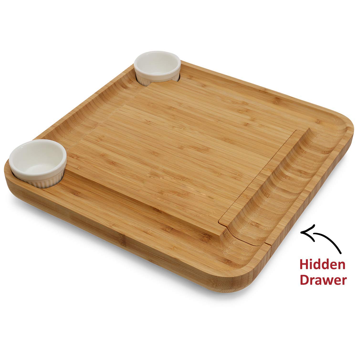 Premium Bamboo Cheese Board with Stainless Steel Knife Set and Ceramic Cups | Great Gift Idea | Size 13.3'' x 13.3'' x 2.2''