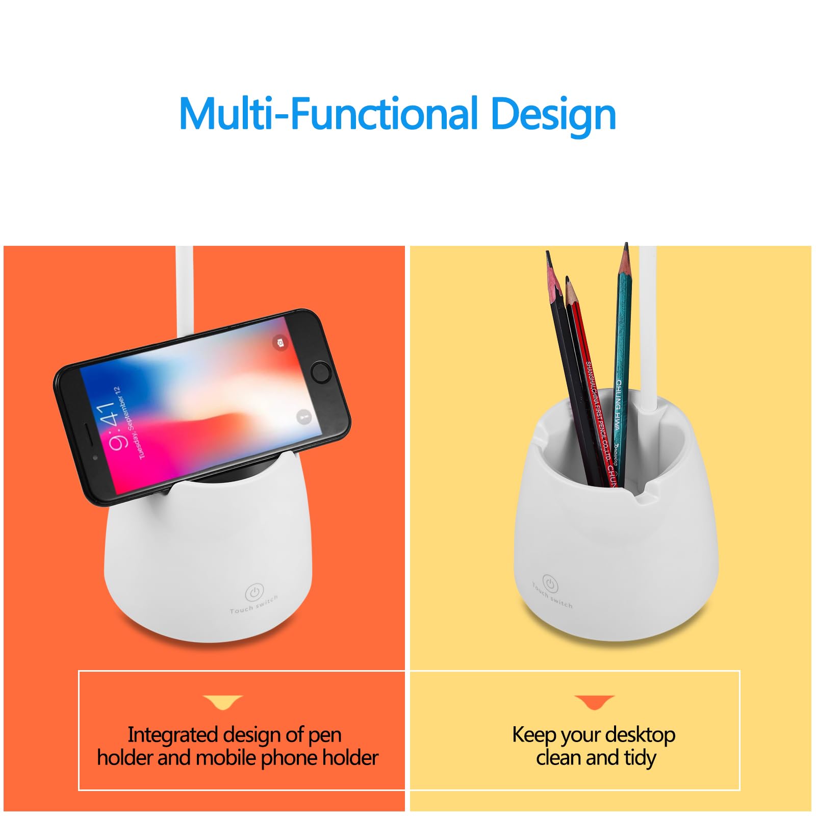 AIBAI Small Desk Lamp, Kids Desk Lamp with Pen Holder & Mobile Phone Stand, 3 Lighting Modes for Reading Kids Dorm& Mobile Phone Stand for Reading Dorm Home Office (White)