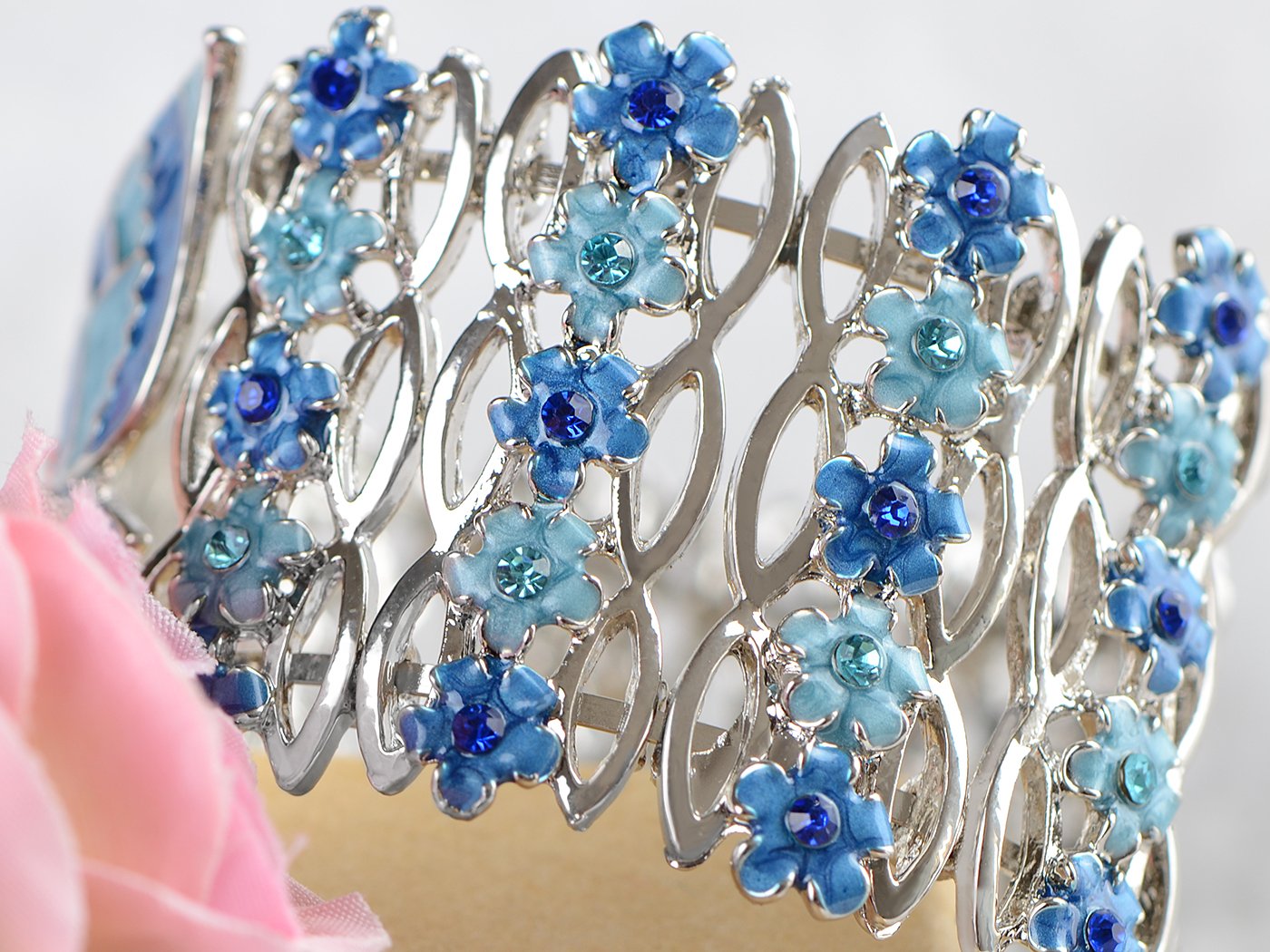 Alilang Silver Tone Blue Enamel Floral Crystal Rhinestone Flower Butterfly Cuff Bangle Bracelet