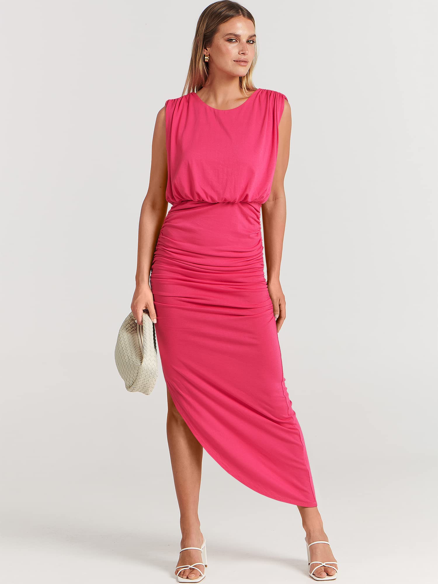 ANRABESS Women 2023 Summer Sleeveless Ruch Bodycon High Waist Asymmetric Slit Cocktail Maxi Dress Black Medium