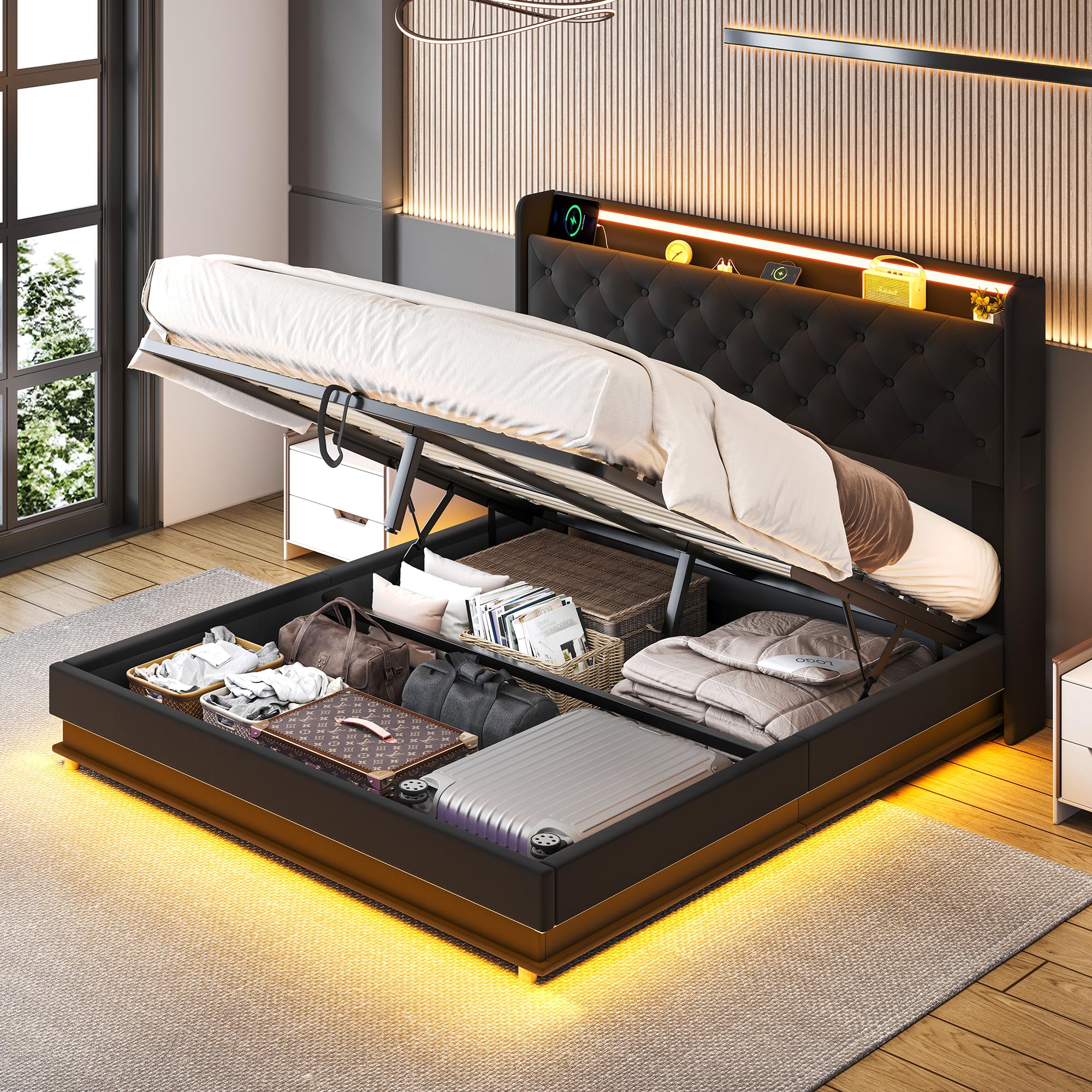 Ailisite King Size Lift Up Storage Bed Frame with Wingback Led Headboard, Upholstered Platform Bed Frame with Hydraulic Lifting Storage&Charging Station, No Spring Box Needed Wood Slats Support