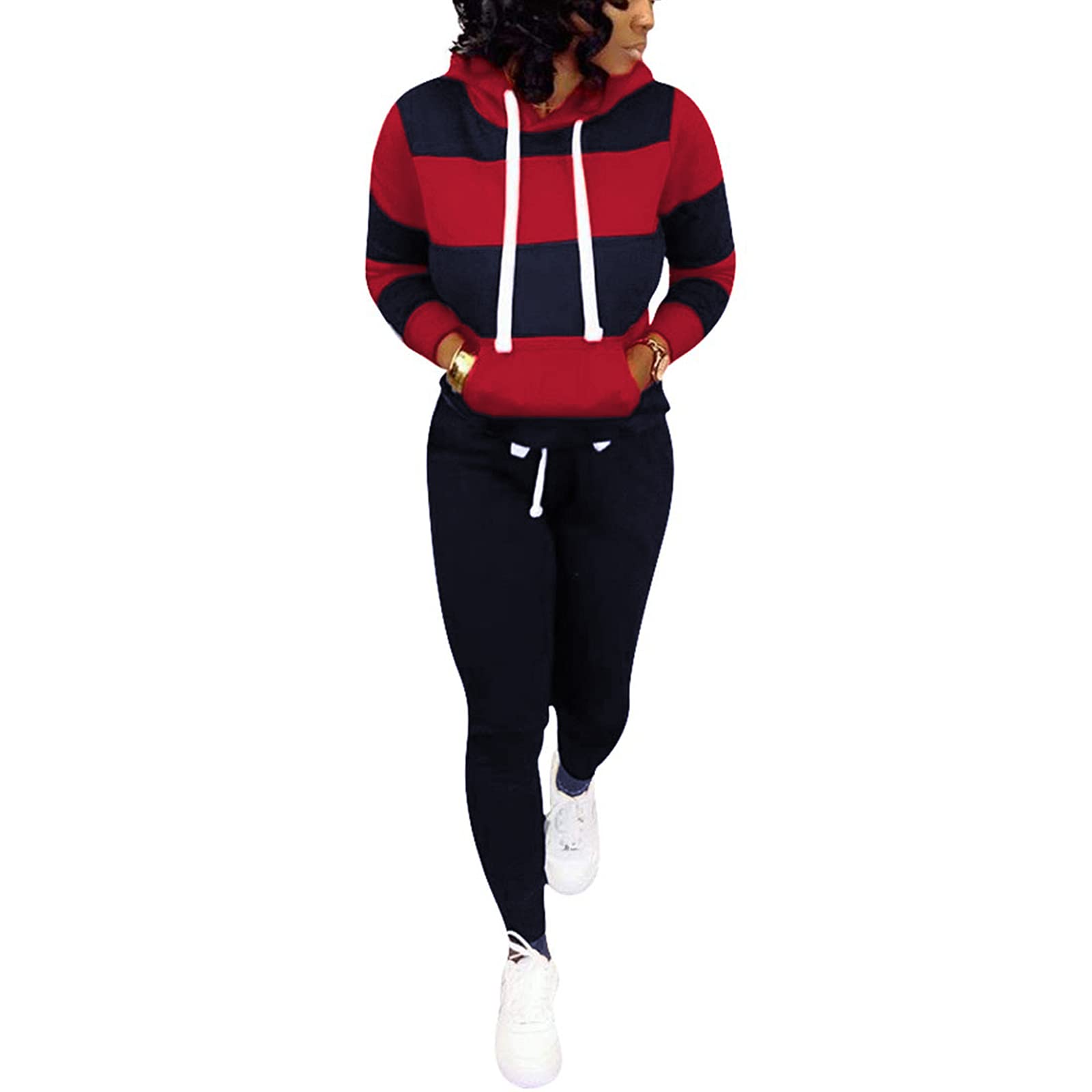 AOMONI 2 Piece Jogging Suits For Women Casual Hooded Long Sleeve Drawstring 2 Piece Outfits Tracksuits Black White XL