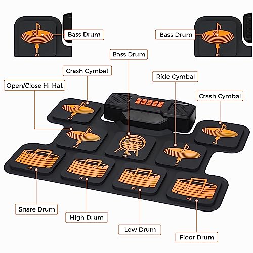 Asmuse Electronic Drum Set, Portable Digital Roll-Up Drum Practice Pad,2000mAh Rechargeable 9 Pads 2 Pedals with Built-in Dual Speakers Christmas& Birthday Gift
