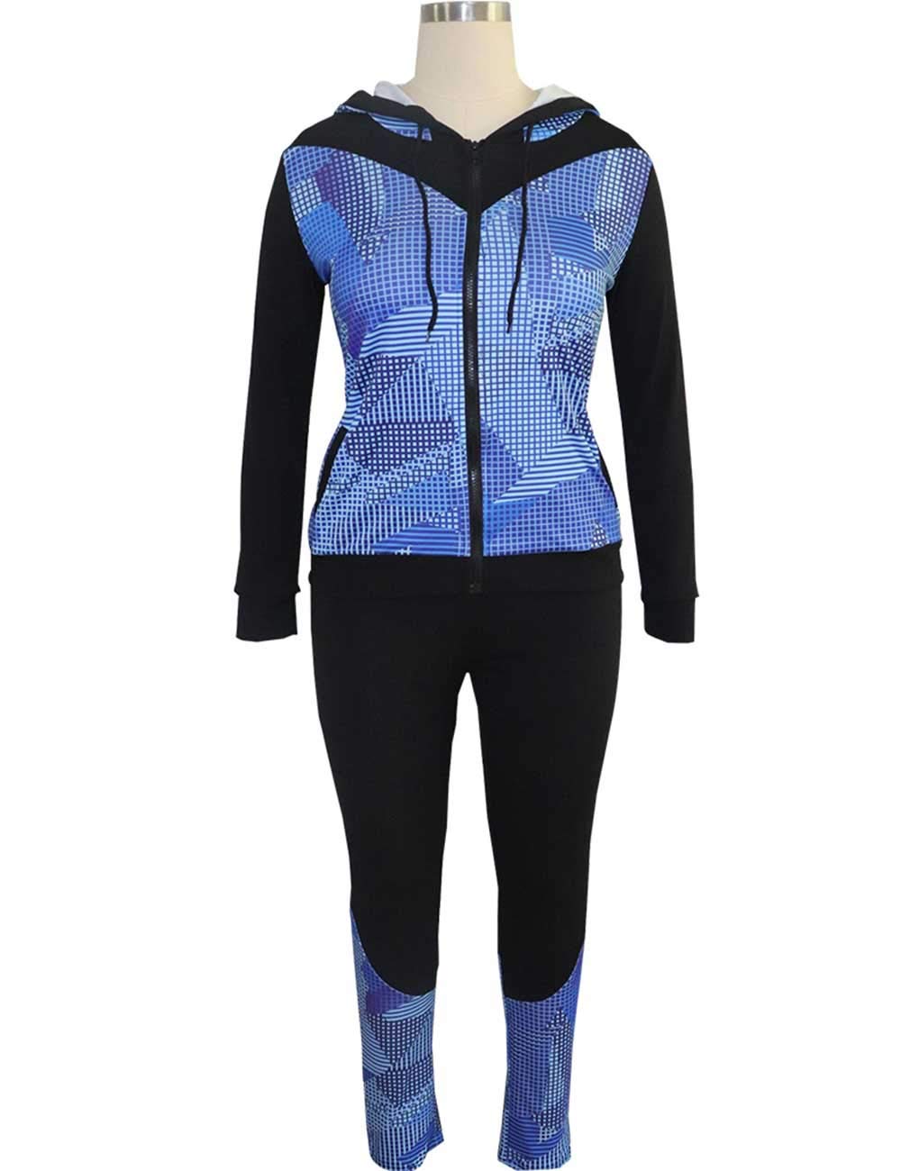 Akmipoem Autumn Long Sleeve 2 Piece Outfit Full Zip Up Jacket+Skinny Pants Set for Young Ladies Blue L