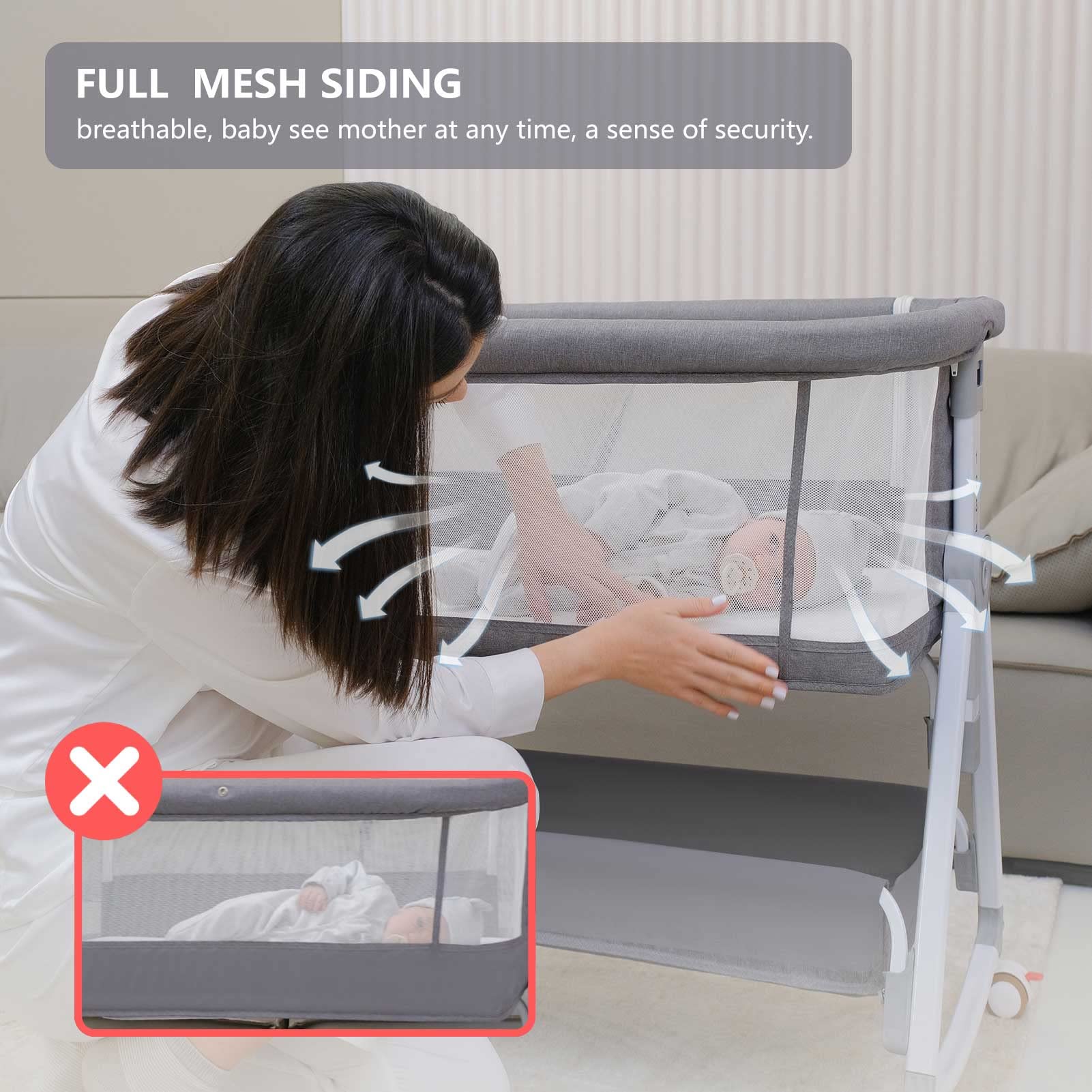 Baby Bassinet Bedside Sleeper for Baby with Wheels and Storage Basket ,All Mesh Portable Bedside Bassinet Co Sleeper for Newborn /Infant,7 Height Adjustable Easy to Assemble Bedside Crib(3 in 1,Black)