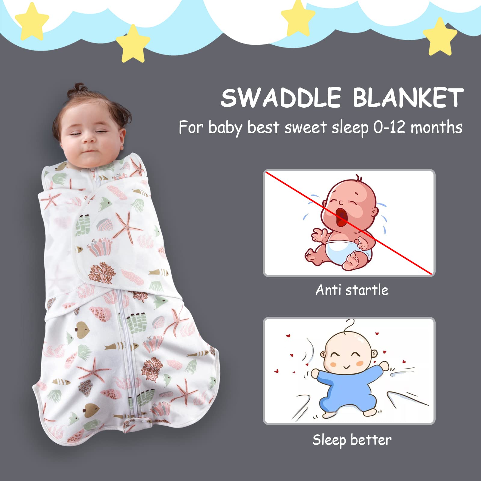 Baby Sleepsack Swaddle, 100% Cotton Adjustable Swaddle Blanket, Newborn Swaddle Helps to Reduce Startle Reflex, 0-12 Months