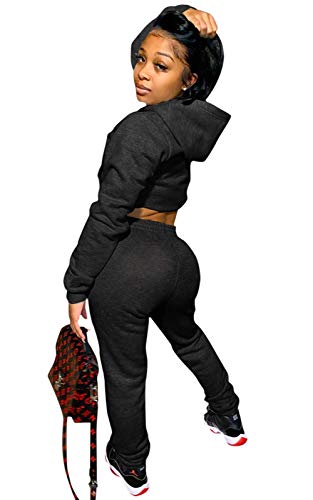Akmipoem Winter Outfits for Women 2 Piece Tracksuits Long Sleeve Crop Hoodie Sweatshirts Jogging Pants Set Black M