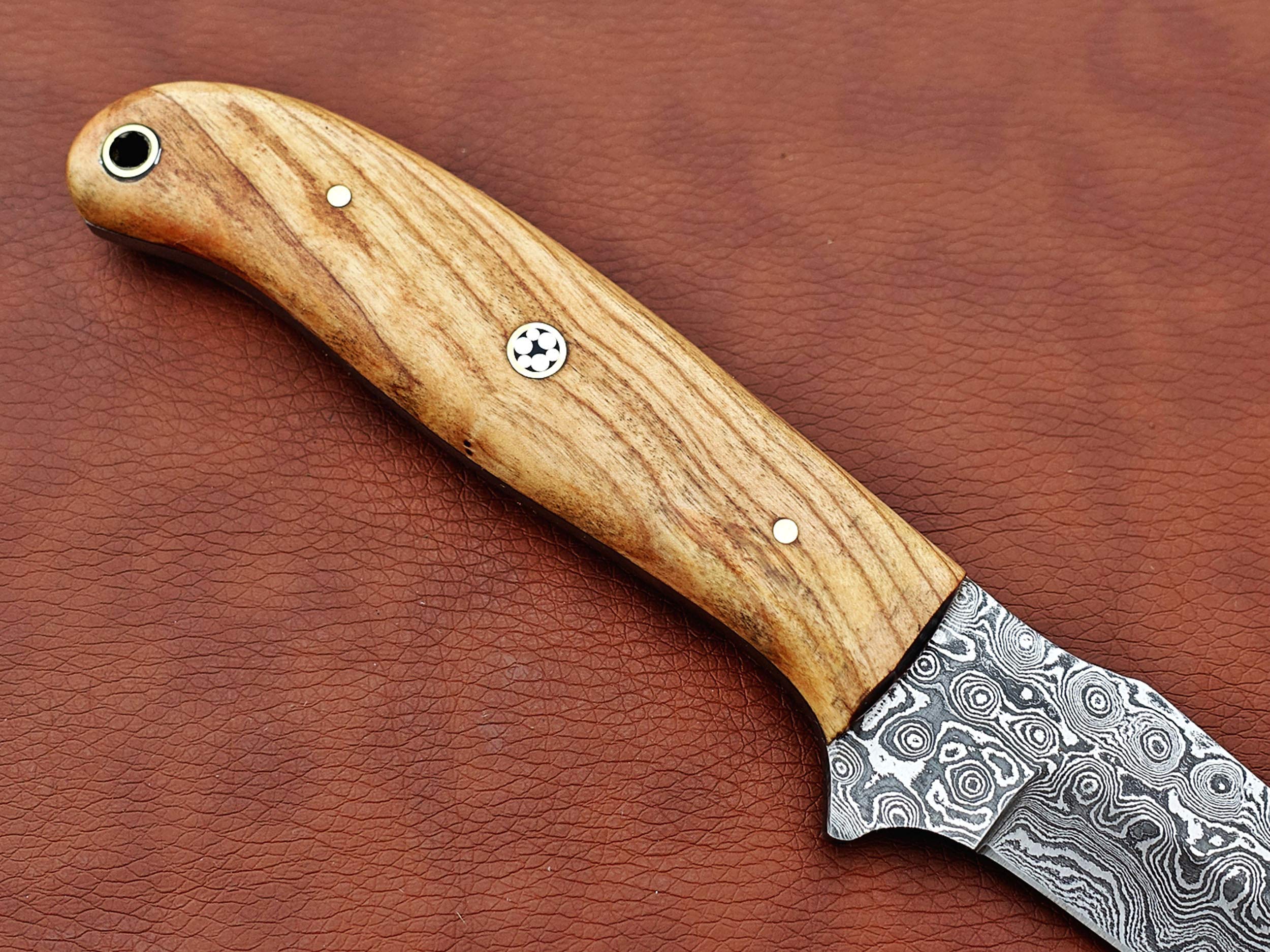 9" Long hand forged rain drop pattern Trailing point Damascus steel full tang blade Skinning Knife, Red colored wood scale with inserting hole, Cow hide Leather sheath included (Red wood)