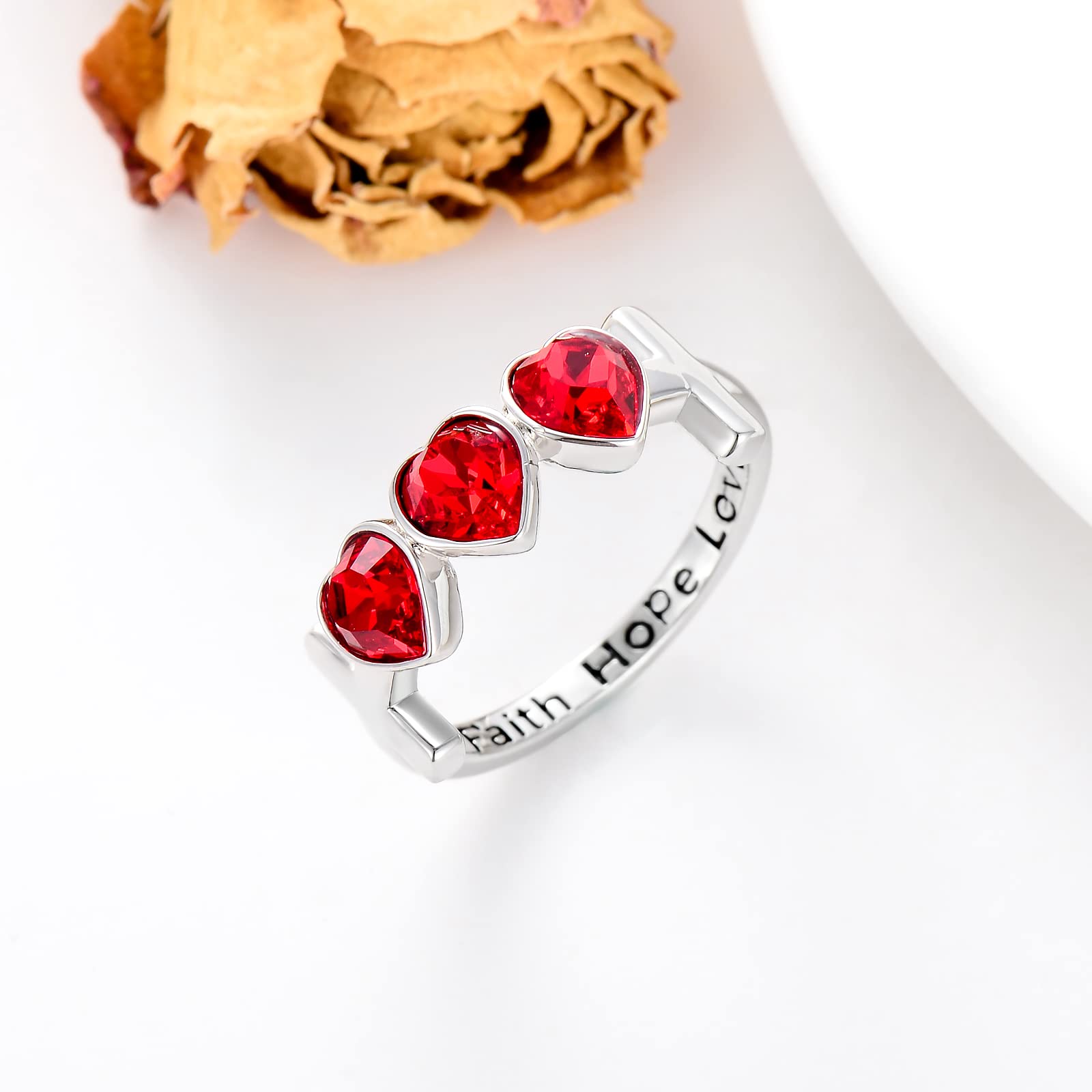 AOBOCO Cross Ring Sterling Silver Faith Hope Love Heart Sideway Cross Ring for Women, Made with Simulated Ruby Red Heart Austrian Crystals, Size 9
