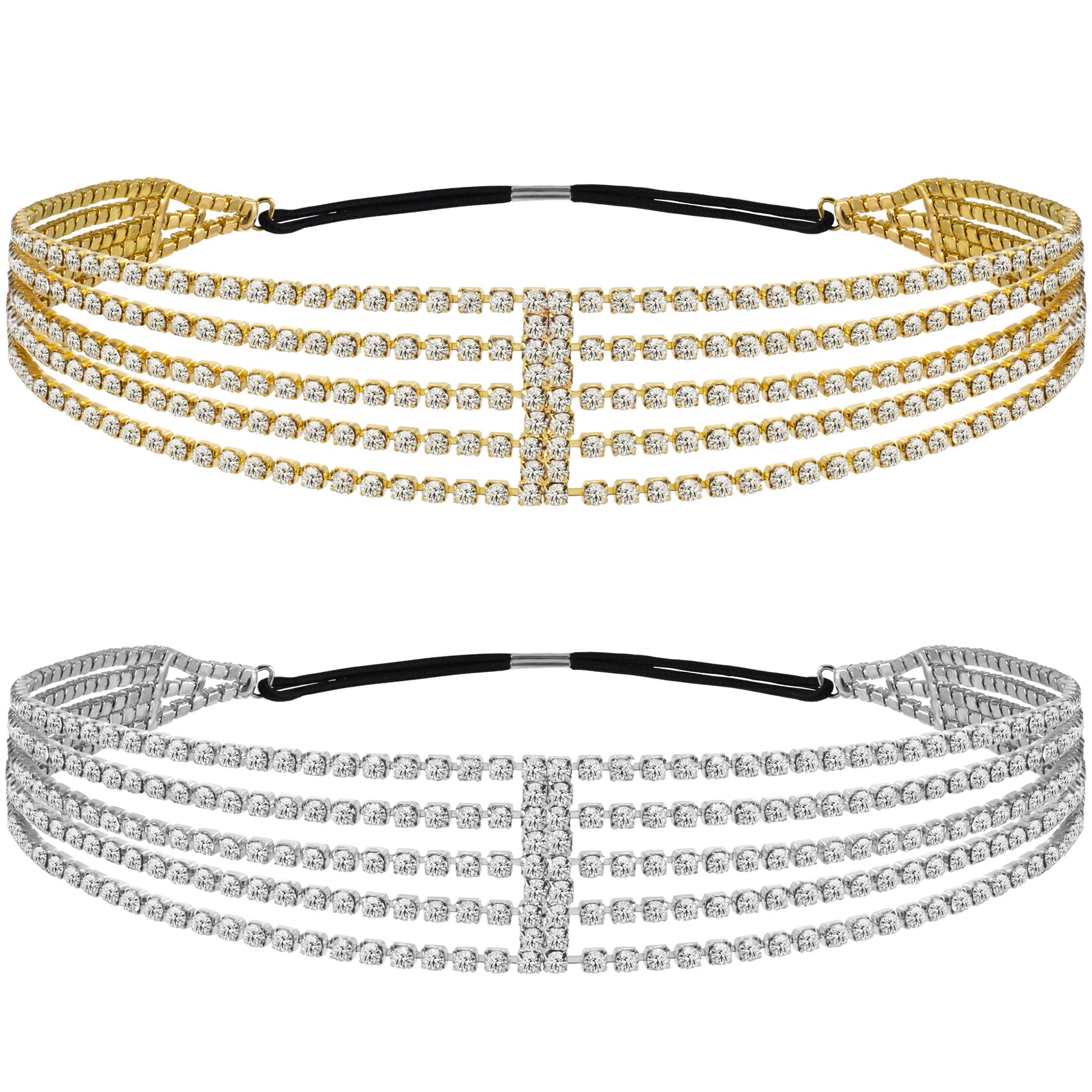 ANCIRS 2 Pack Multi Layered Elastic Headband for Women, Adjustable Rhinestone Bridal Headpieces, Stretchy Jewelry Hair Bands Accessories for Girls- Gold & Silver