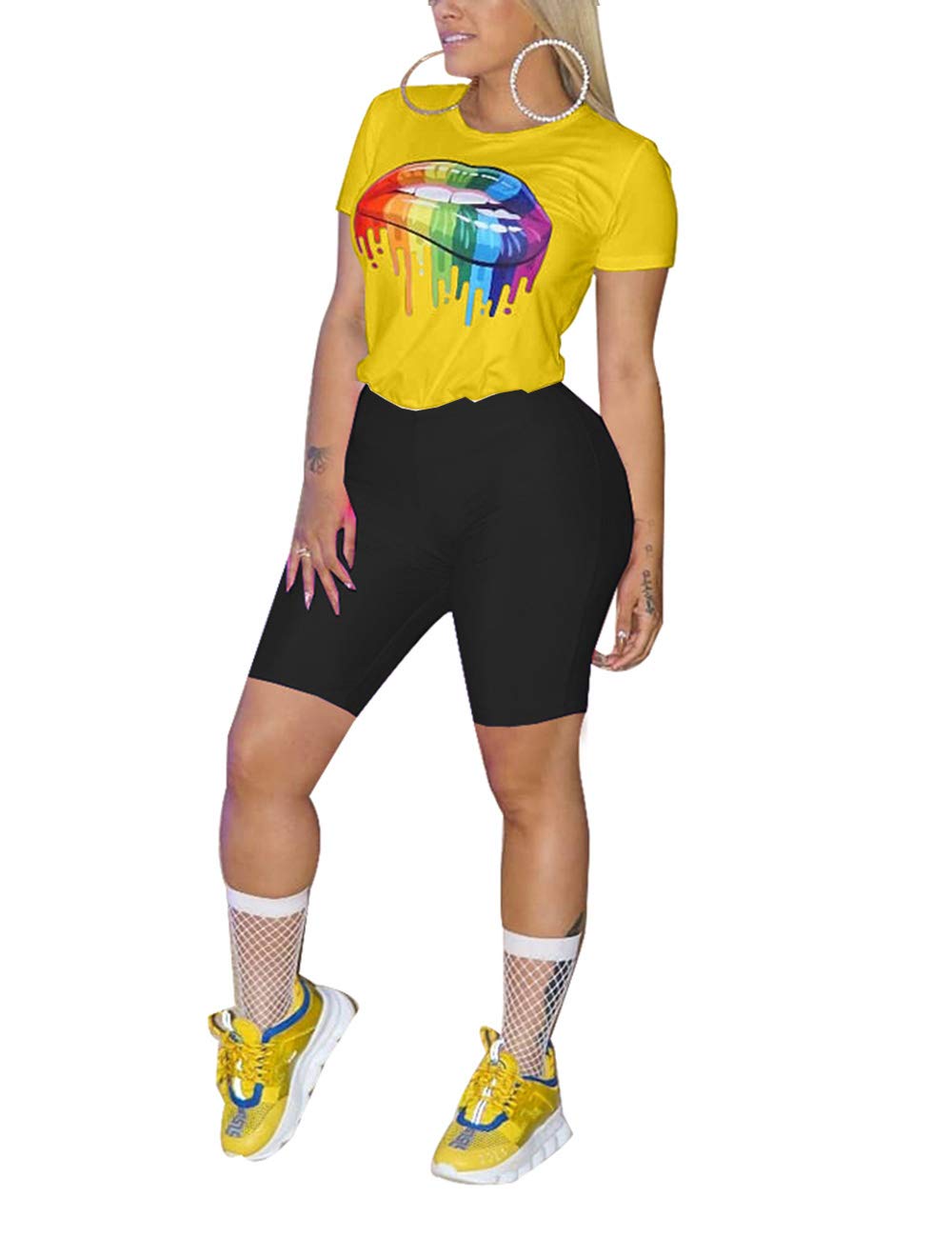 Angsuttc 2 Piece Workout Sets for Women Summer Lip Print Short Sleeve Shirt High Waisted Shorts Set Outfits Yellow&Black S