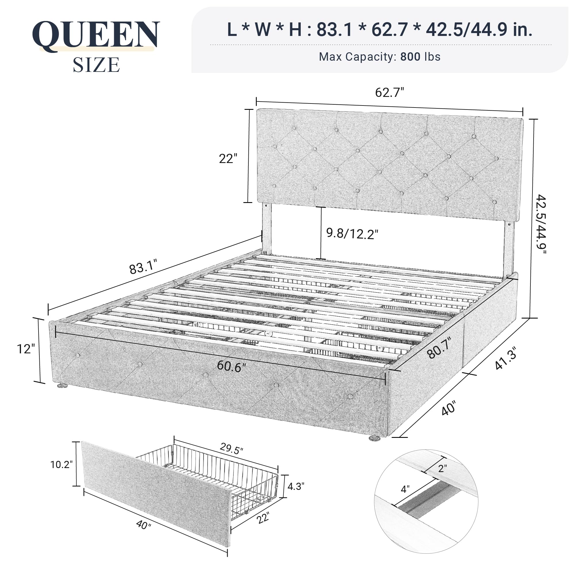 Allewie Upholstered Queen Size Platform Bed Frame with 4 Storage Drawers and Headboard, Diamond Stitched Button Tufted Mattress Foundation with Wooden Slats Support, Light Grey