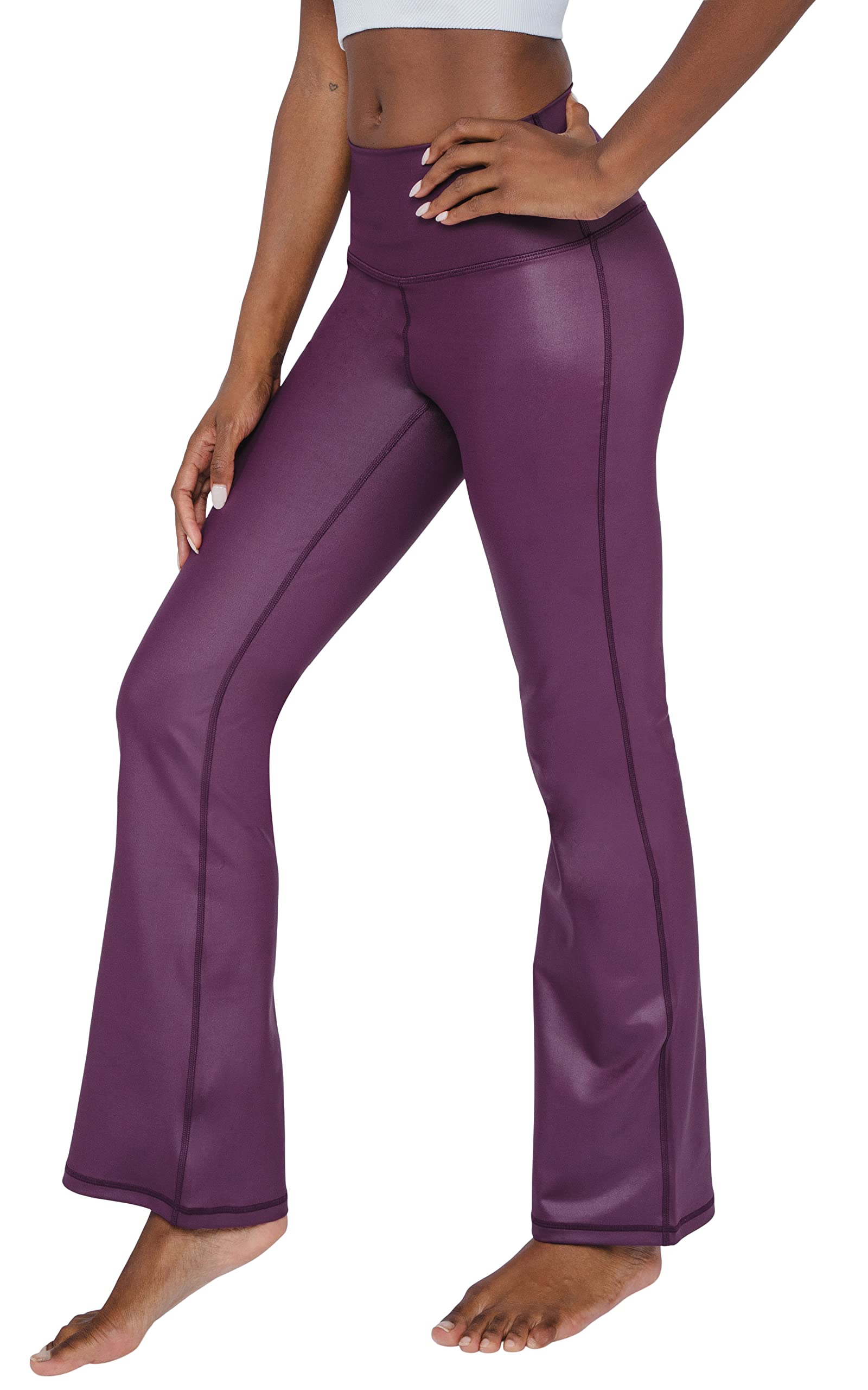 90 Degree By Reflex Faux Leather Flared Leg Yoga Pants - Squat Proof Interlink V-Back Cire Leggings - Potent Purple - Small