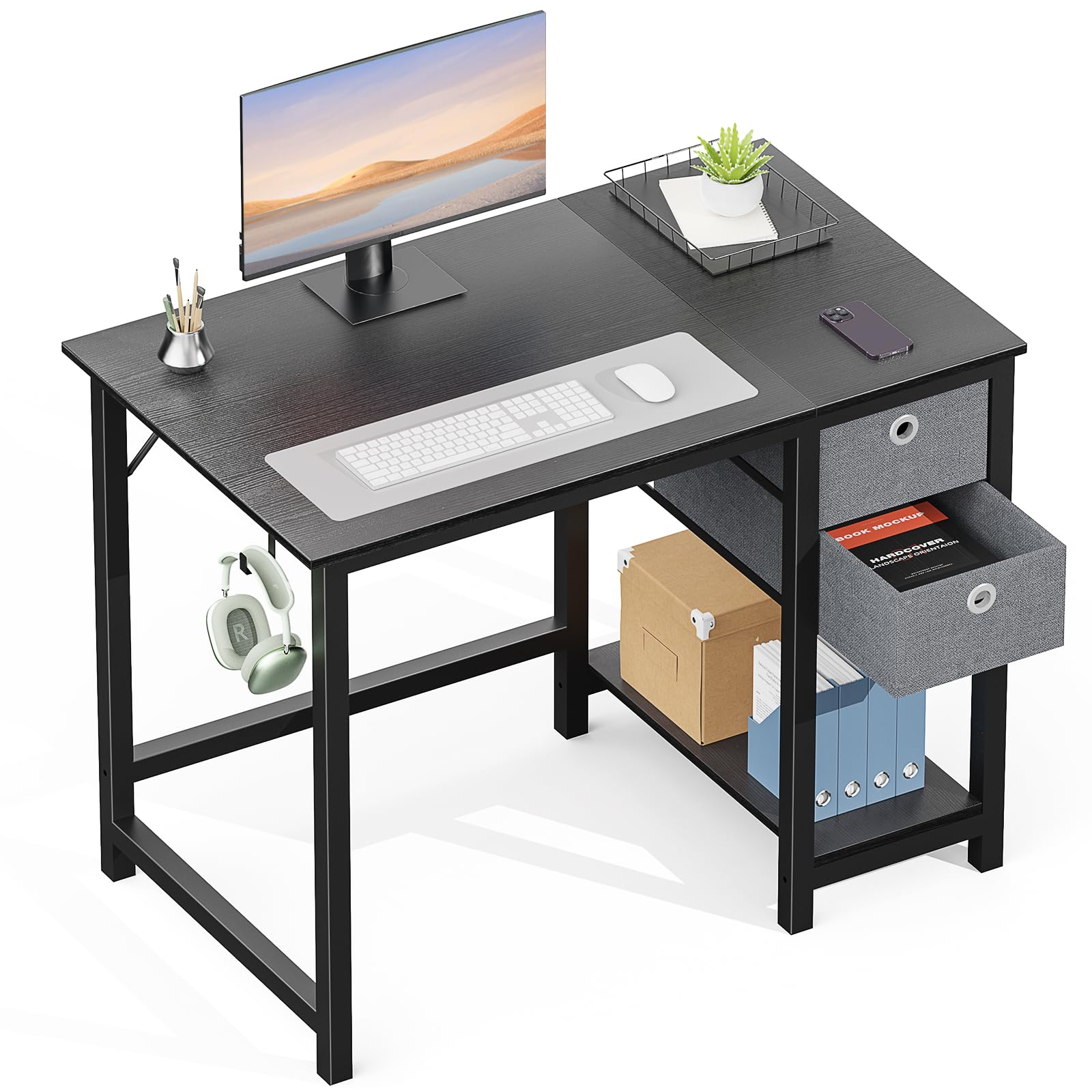 DUMOS Computer Small Desk with Drawers 40 Inch Office Bedroom Kids Writing Work Study 2-Tier Storage Drawers & Shelf Simple Modern Wood Table