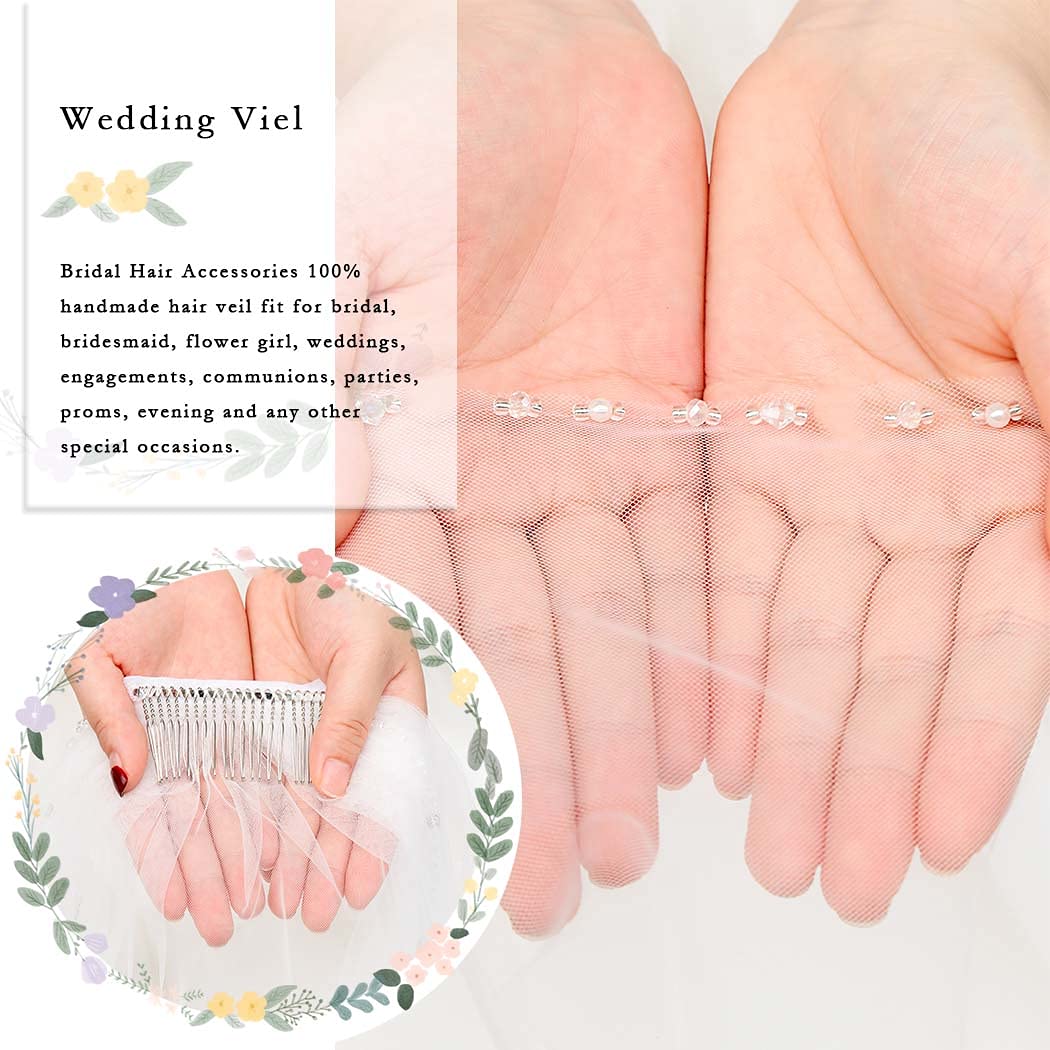 Asooll Pearl Bridal Veil with Comb Crystal Wedding Tulle Veil 1 Tier Hair Accessories for Bride
