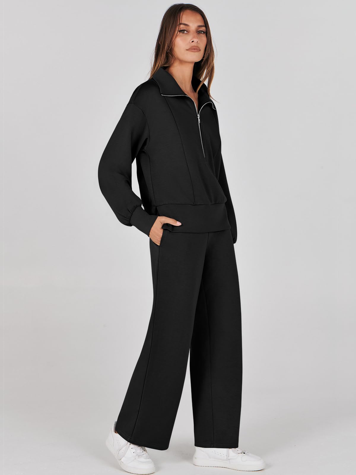 ANRABESS Womens Two Piece Outfits 2024 Fall Sweatsuit Set Half Zip Cropped Sweatshirt Wide Leg Sweatpant Lounge Set Black Medium