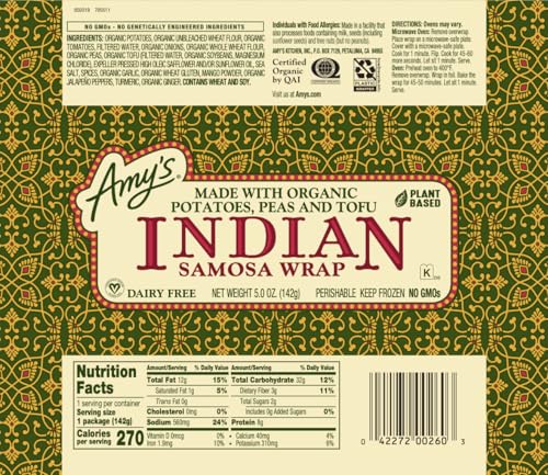 Amy's Frozen Meals, Vegan Indian Samosa Wrap, Made With Organic Potatoes, Peas and Tofu, Microwave Meals, 5 Oz