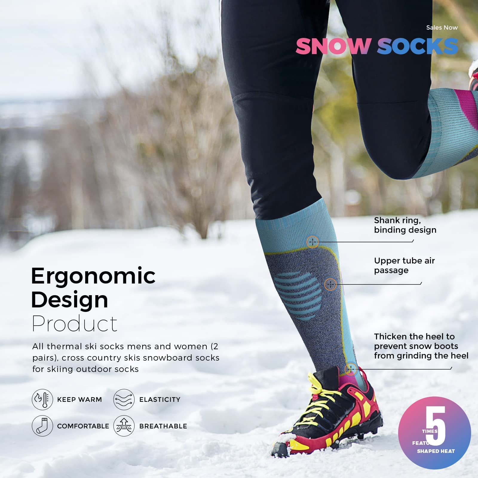 AII Athlete High Performance Unisex Knee Length Ski Socks For Men and Women2 pairs, Winter Performance Socks,Snowboard socks
