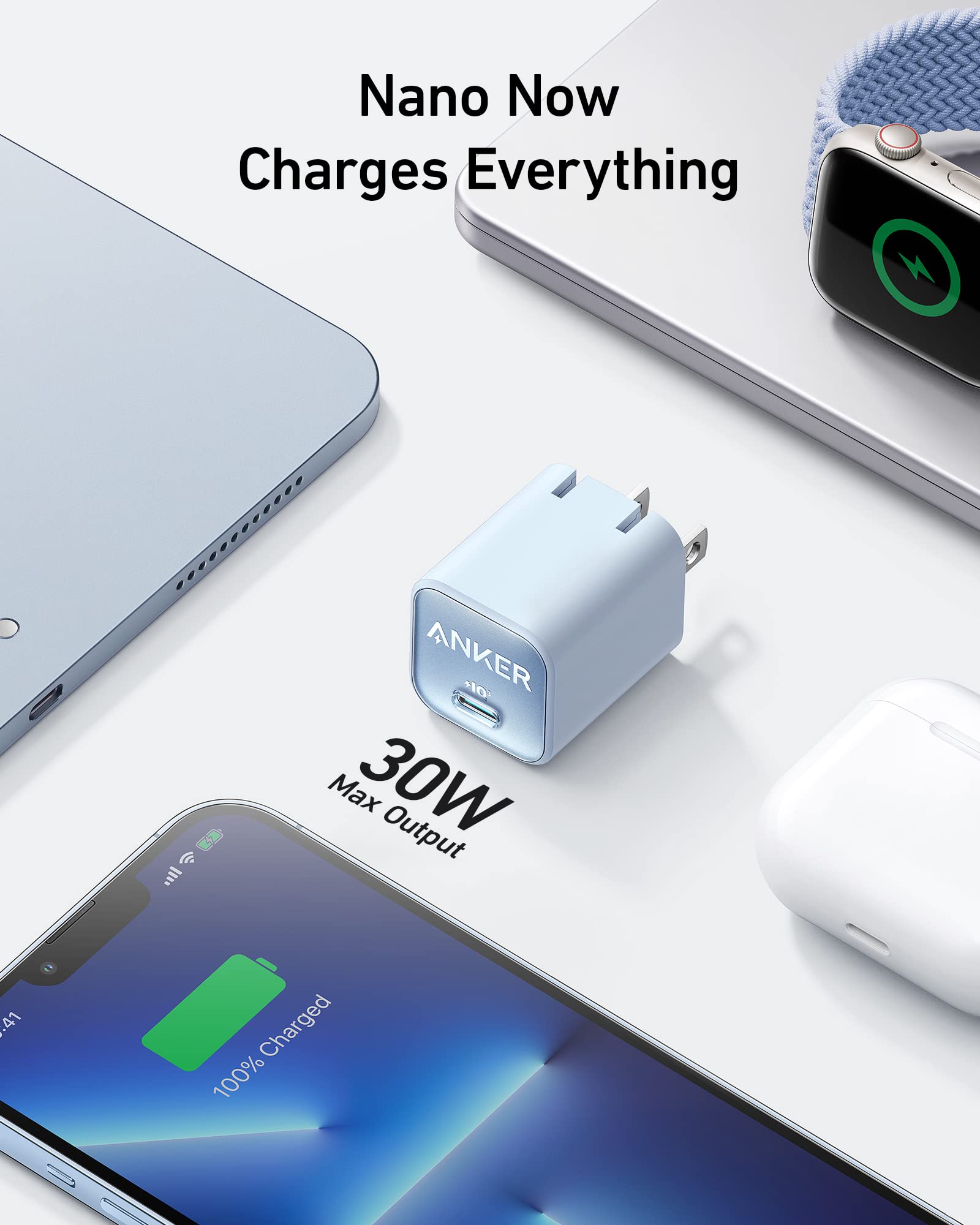 Anker USB-C to Lightning Cable, Anker 541 Cable (6ft), MFi Certified, Bio-Based Fast Charging Cable & Anker USB C GaN Charger 30W, 511 Charger (Nano 3), PIQ 3.0 Foldable PPS Fast Charger(Misty Blue)