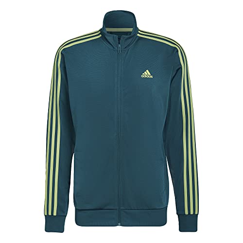 adidas Men's Regular Essentials Warm-Up 3-Stripes Track Jacket, Legacy Teal/Pulse Lime (Primegreen), Medium