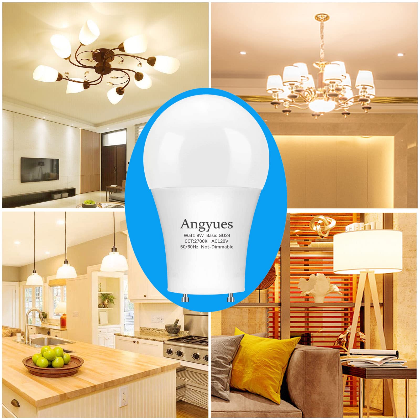 Angyues GU24 LED Ceiling Fan Light Bulbs 9W Equivalent 80Watt Warm White 2700K A19 LED Light Bulb, Twist Lock GU24 Base Home Lighting Bulbs, Non-Dimmable 4 Packs