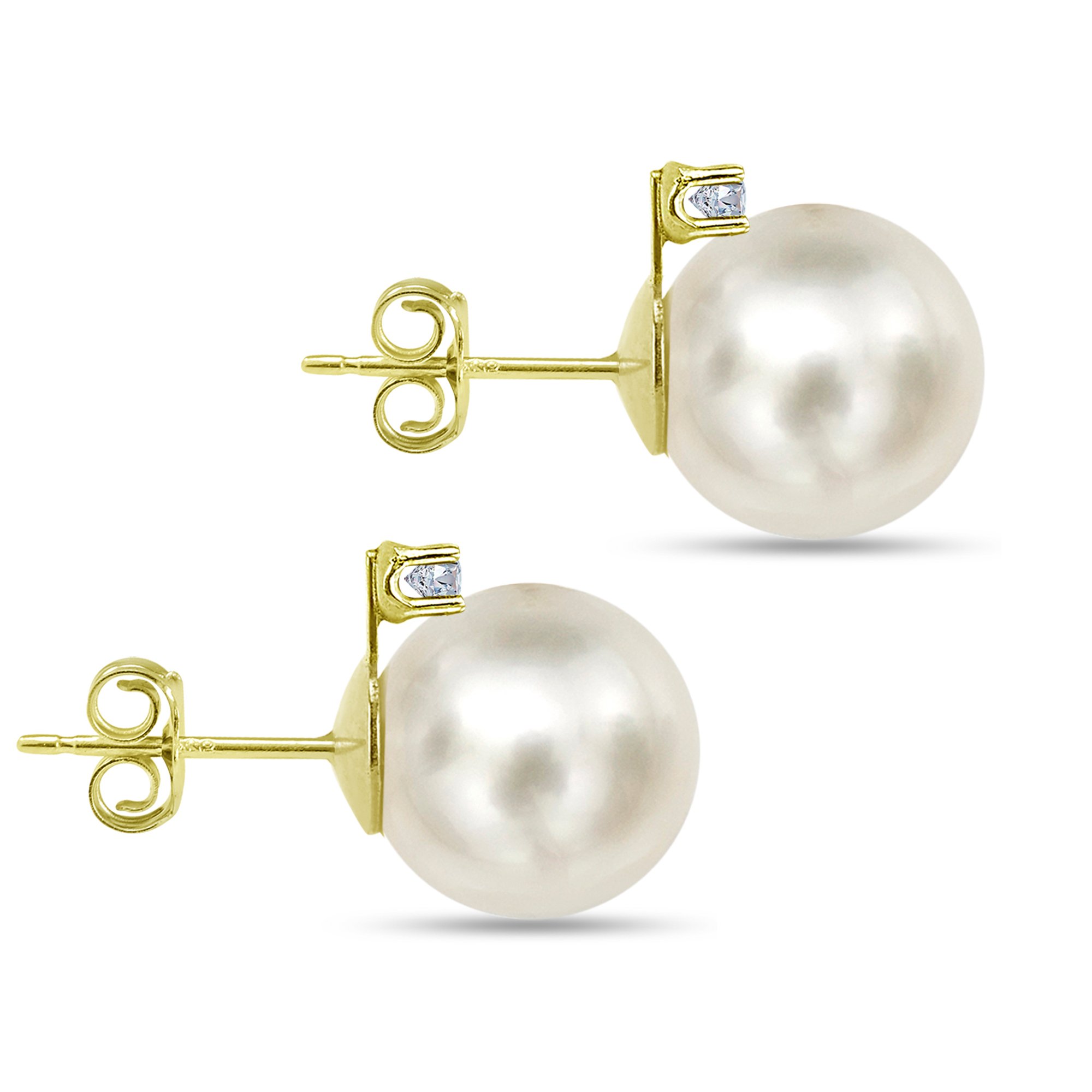 Amazon Collection 14k Yellow Gold 1/16cttw Diamond with 10-10.5mm Round White Freshwater Cultured Pearl Stud Earrings