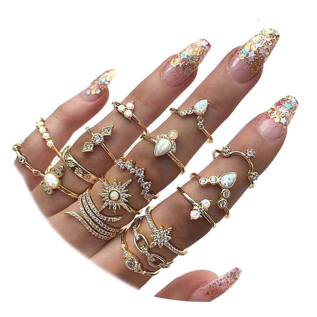Allbuy Conifor Boho Stackable Rings Women Crystal Kunckle Ring Stacking Rhinestone Joint Mid Finger Rings Set for Women and Girls (A-Gold(17Pcs))